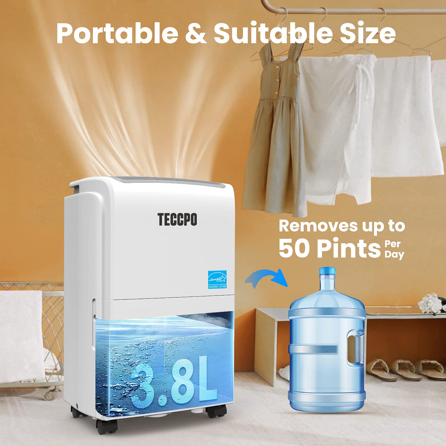 TECCPO 3000 Sq.Ft Dehumidifier, Powerful 30 Pint Dehumidifiers for Home, Intelligent Humidity Control, Continuous Draining