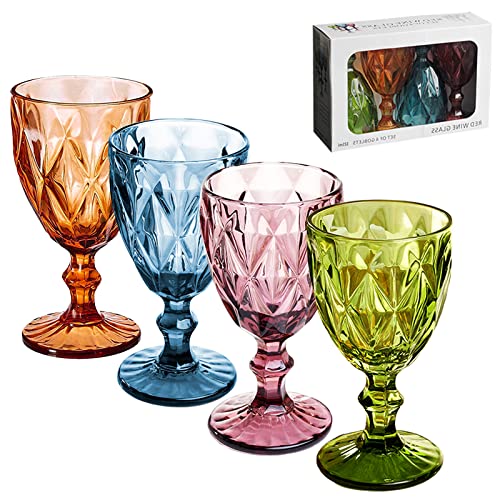 Vintage Wine Glasses Set of 4, Plastic Reusable 12 Ounce Colored Water Goblets, Unique Embossed Pattern Unbreakable Stemmed Wine Glasses, High Clear Wedding Party Bar Drinking Cups Multicolor