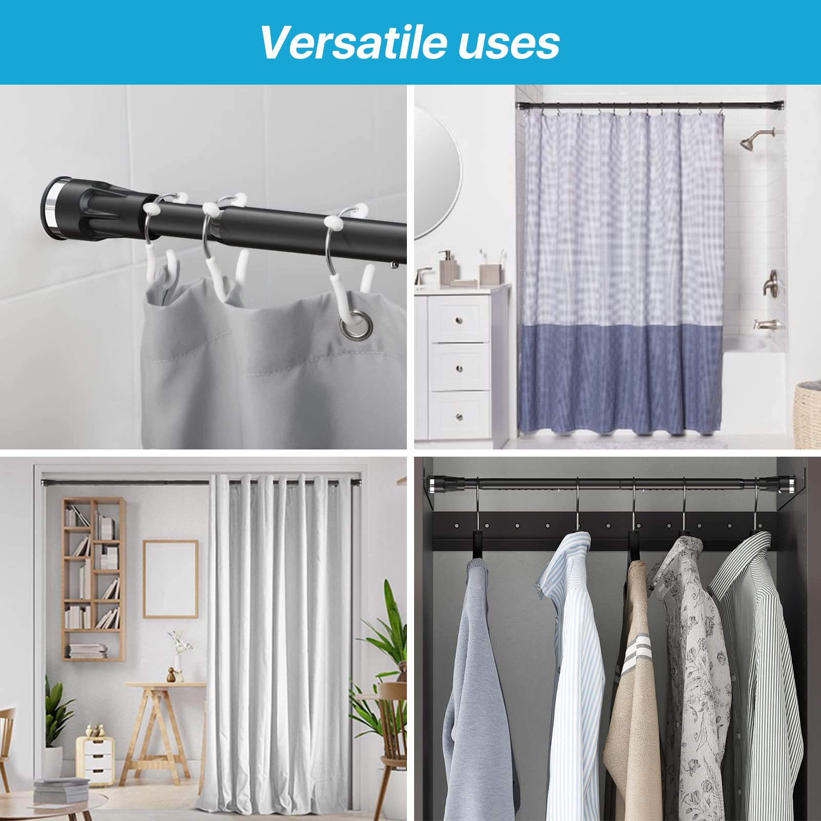 Shower Curtain Rod, 42-70 inch Adjustable Shower Curtain Rod No Drilling for Bathroom, Never Fall Shower Rod Wall Mounted, Easy Install & Rust Proof, Black