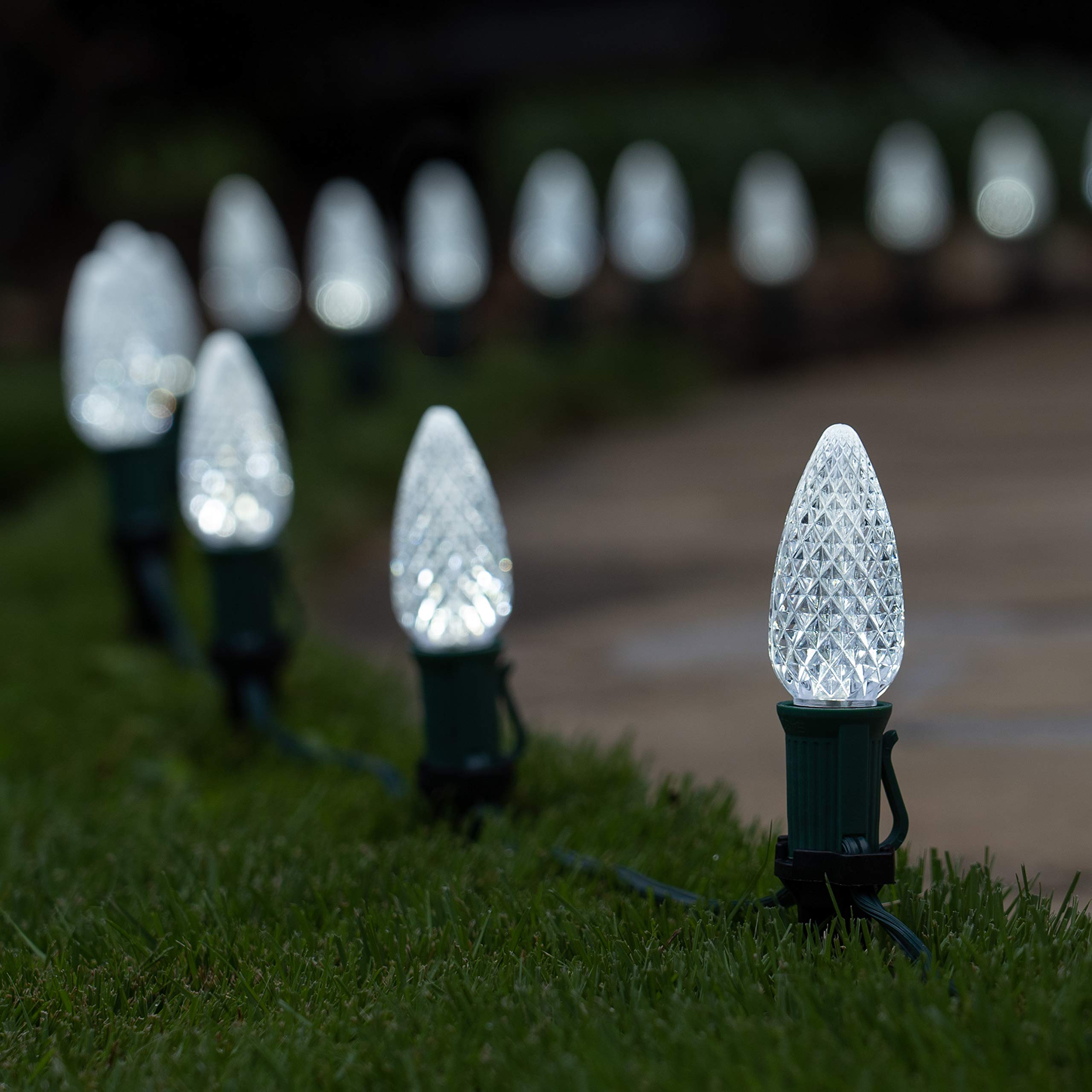 Wintergreen Lighting 25’ OptiCore LED Cool White Pathway Christmas Lights, C9 Outdoor White Christmas Lights, 4.5” Stakes, Green Wire Plug String Lights