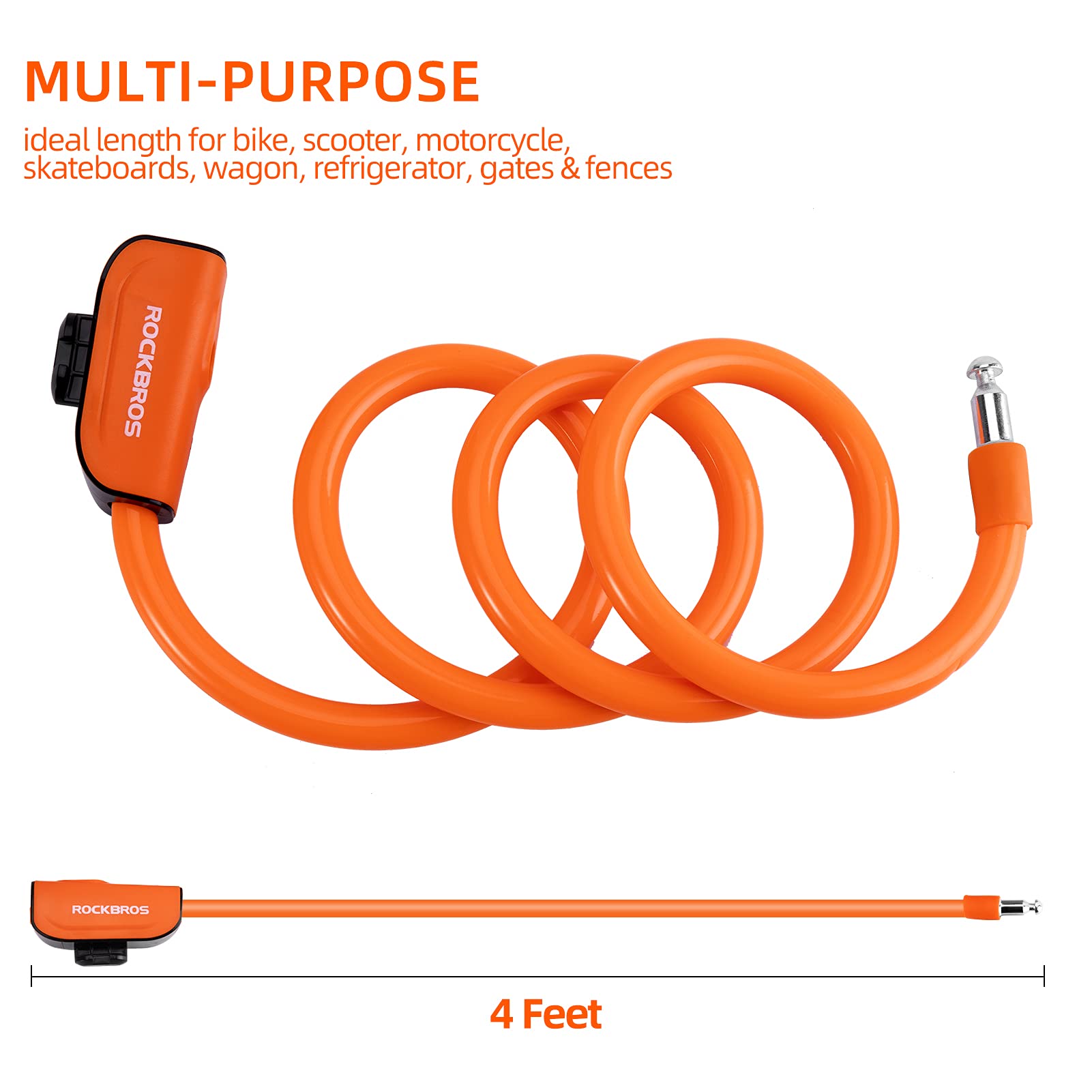 ROCKBROS Bike Lock Cable 4 Feet Bicycle Cable Lock with Mounting Bracket 2 Secure Keys 1/2 Inch Diameter