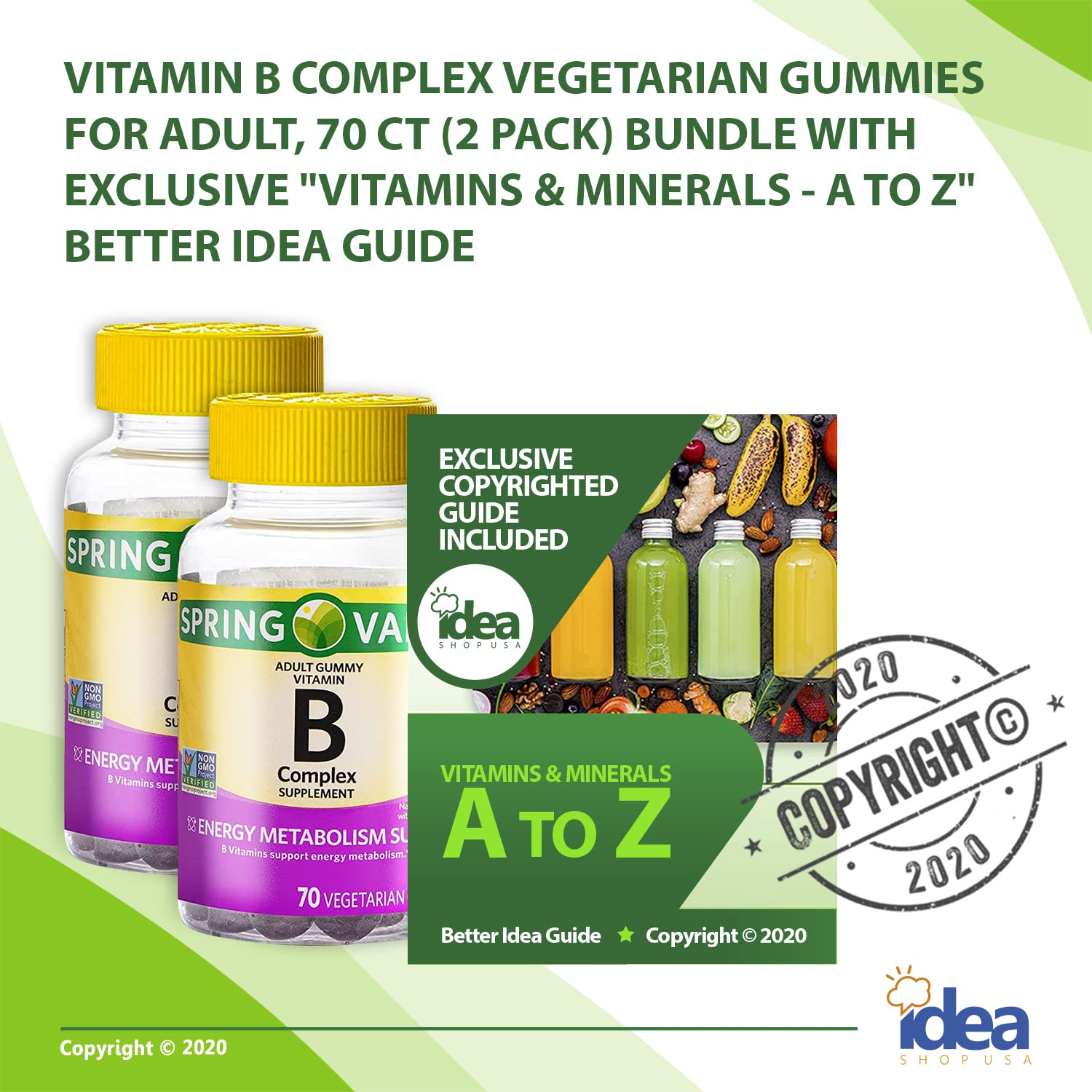 Vitamin B Complex Vegetarian Gummies for Adult, 70 Ct (2 Pack) Bundle with Exclusive Vitamins & Minerals - A to Z - Better Idea Guide (3 Items)