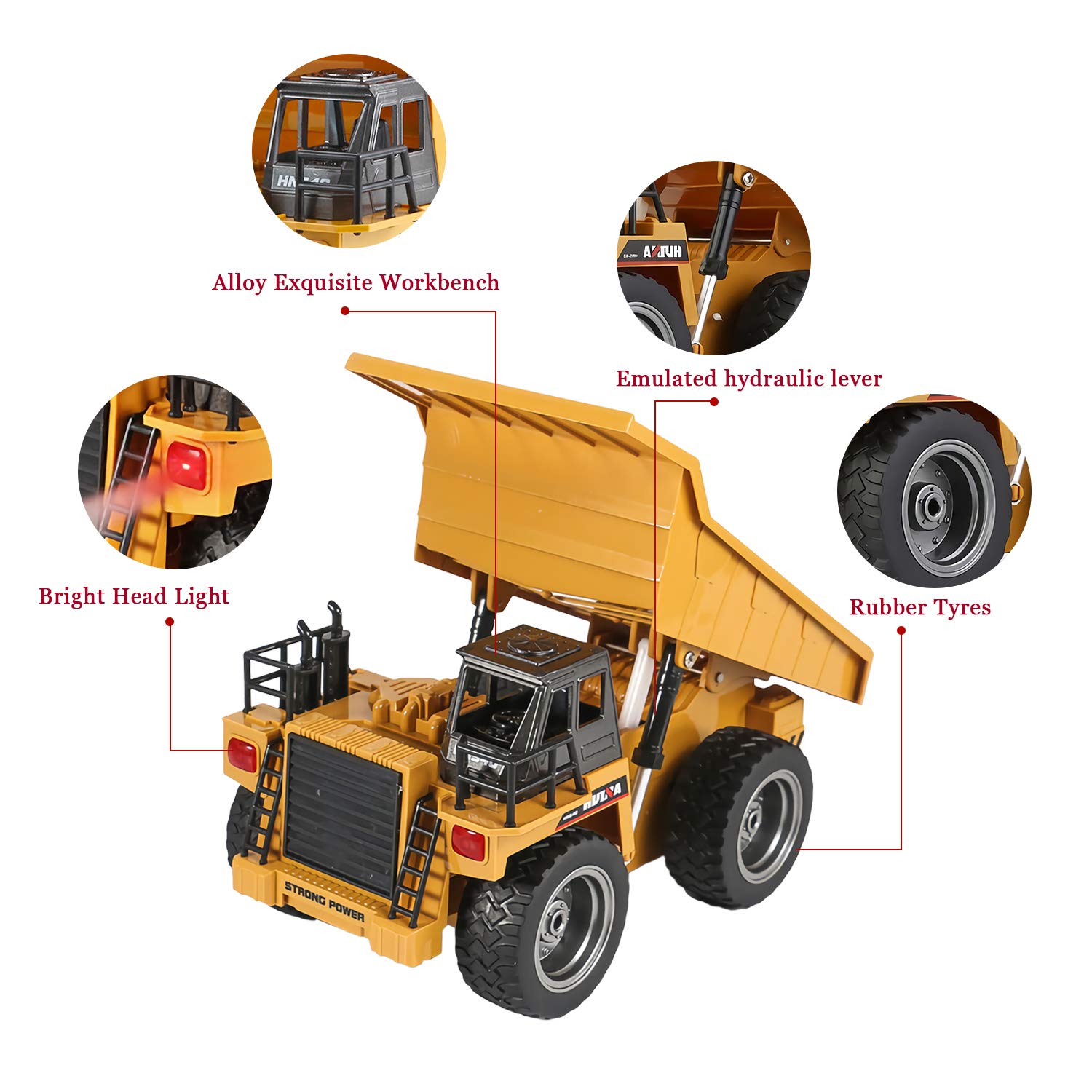 TEMA1985 Remote Control Truck, 1/18 Scale 6 Channel 2.4Ghz RC Dump Truck Construction Vehicle Toy with LED Lights and Simulation Sound for Kids