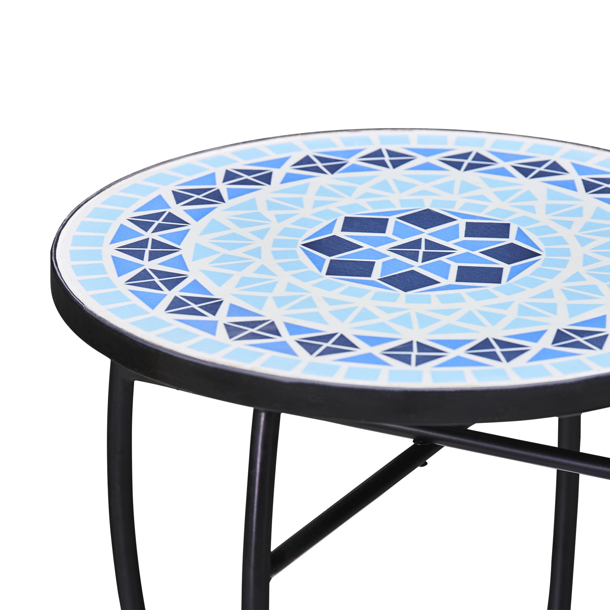 Teamson Home 14 Inch Round Small Outdoor Patio Weather Resistant Planter Stand with Iron Frame, Curved Legs and Ceramic Mosaic Surface, Blue