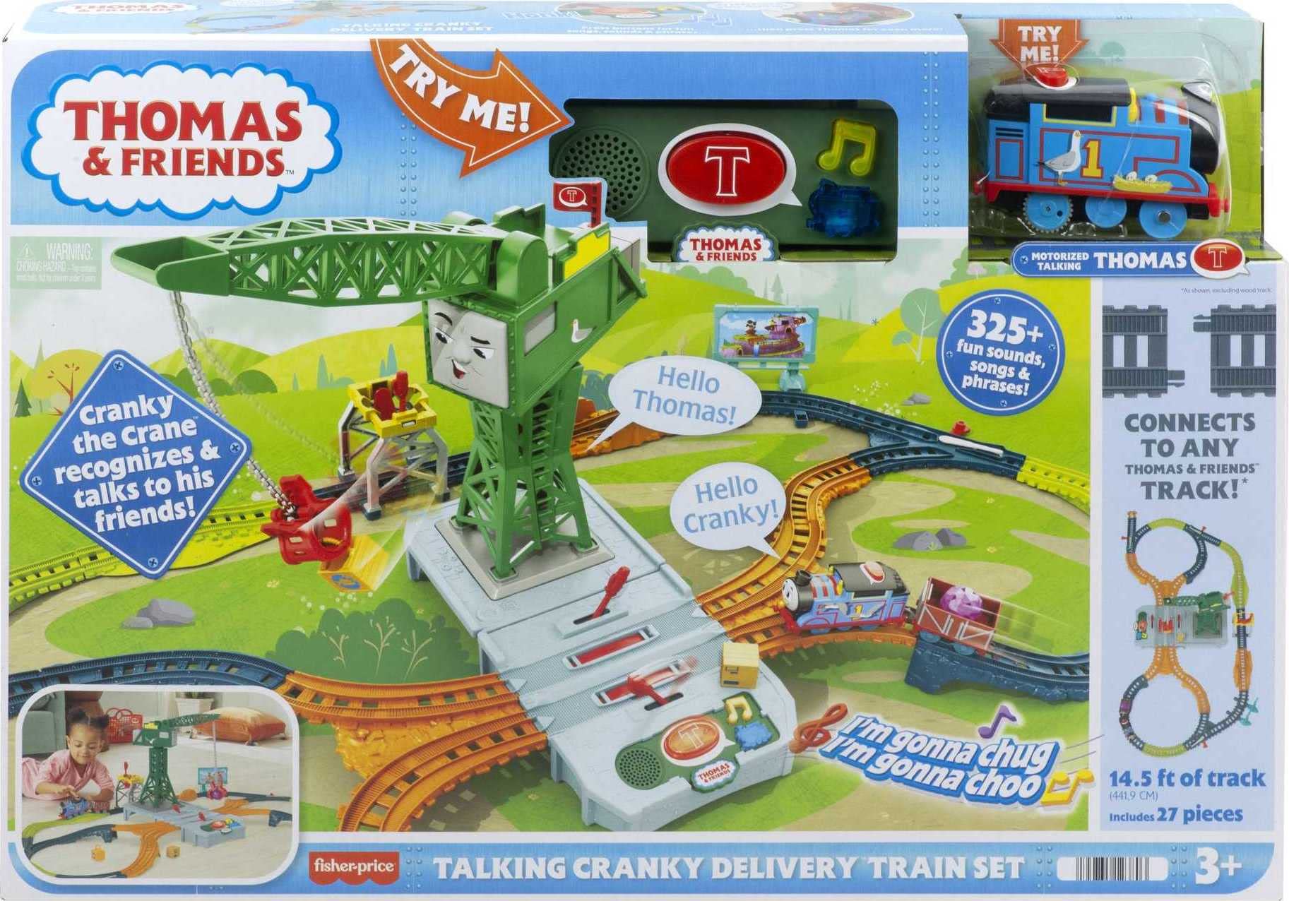 Thomas & Friends Motorized Toy Train Set, Talking Cranky Delivery with Track, Sounds & Phrases for Pretend Play Preschool Kids Ages 3+ Years