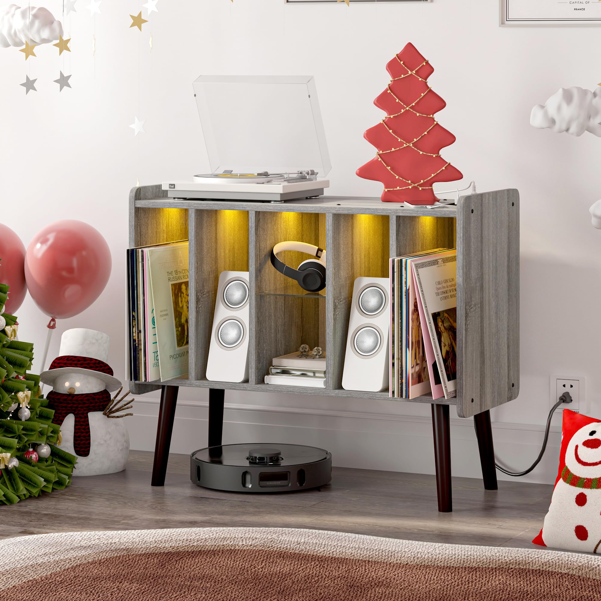 Tantmis LED Record Player Stand, Turntable Stand with Vinyl Record Storage, Mid Century Modern Record Player Table, Rustic Grey Record Player Cabinet with Power Outlet for Living Room, Bedroom