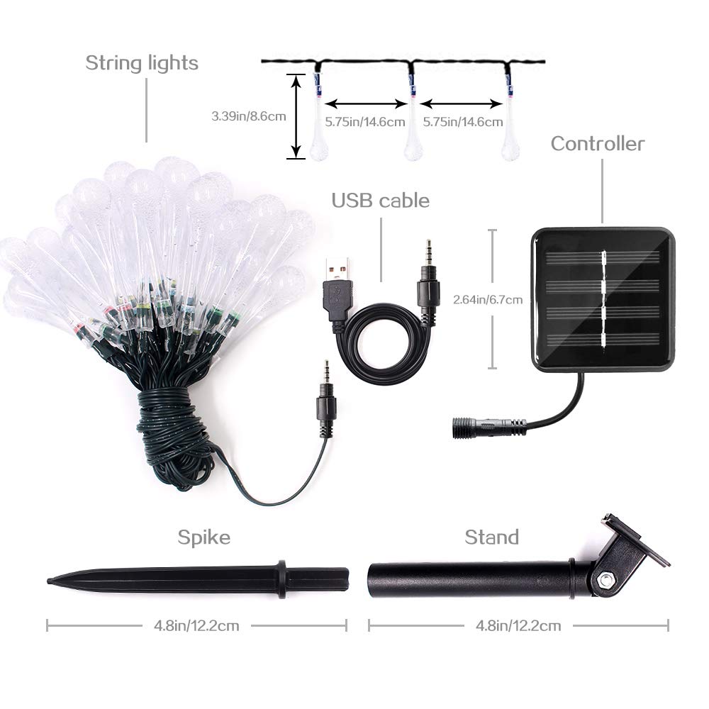 SKYFIRE Updated Version Solar Waterdrop String Light - Two-Way Charging ( Solar & USB Charge ) Waterproof Fairy Lights - 20ft 30LED White String Lights for Home, Garden Decorations