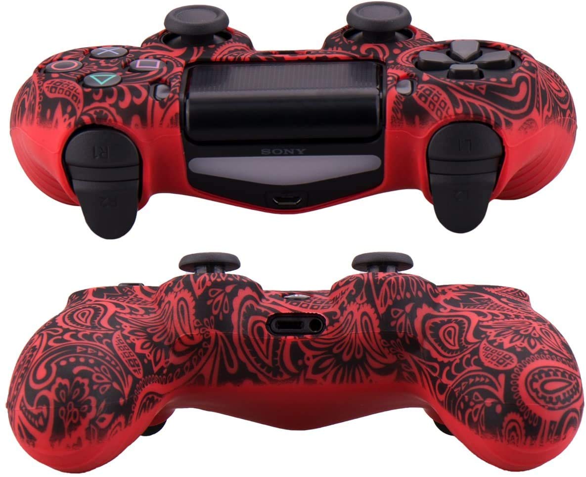 Sofunii 2pcs Camo Skin for PS4 Controller, Anti-Slip Silicone Cover Shell Case with 8 Thumb Grip Caps, Compatible with PlaySation 4 Slim/Pro Controller DualShock 4 Wireless/Wired Gamepad (Red&Black)