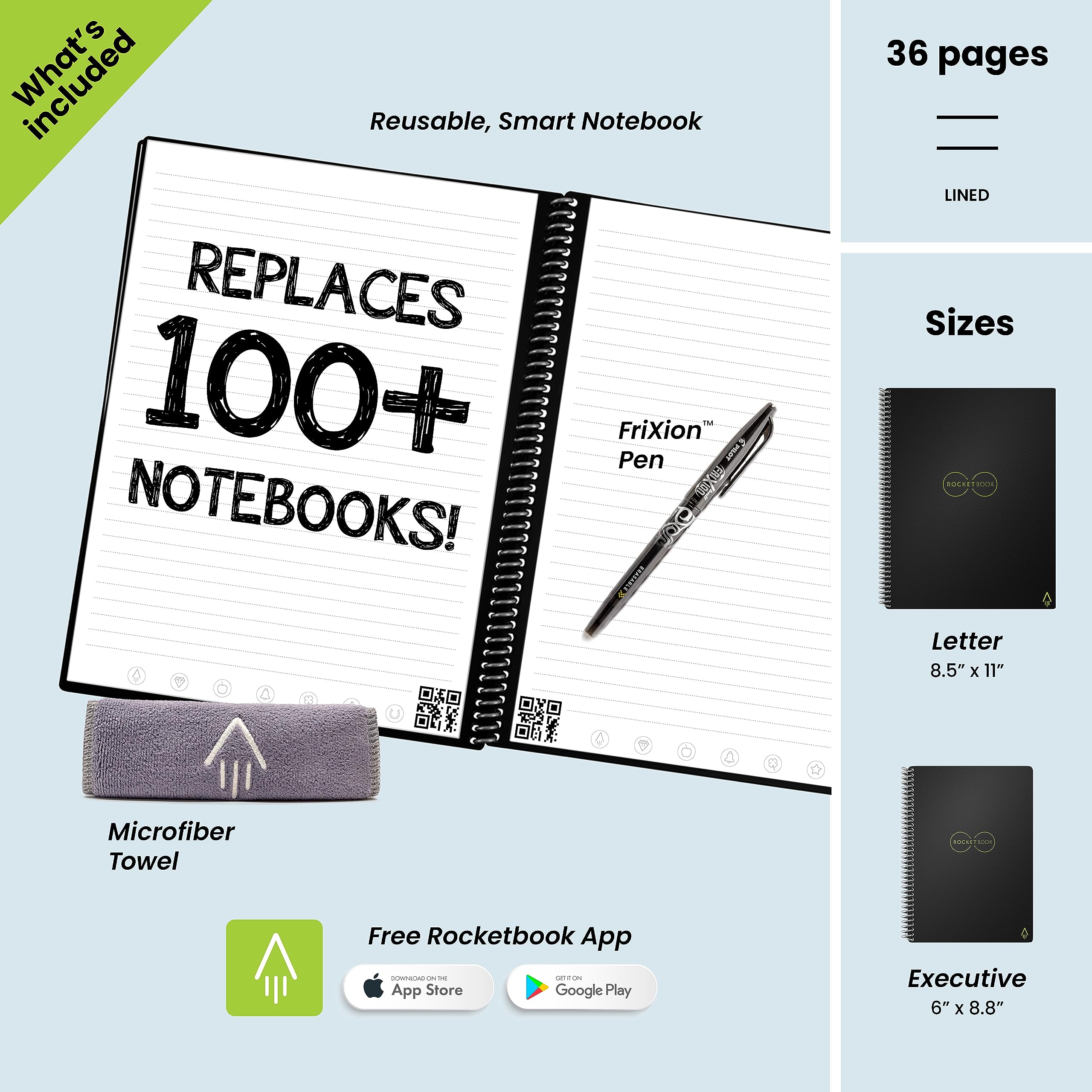 Rocketbook Core Reusable Smart Notebook | Innovative, Eco-Friendly, Digitally Connected Notebook with Cloud Sharing Capabilities | Lined, 6" x 8.8", 36 Pg, Lightspeed Lilac, with Pen, Cloth, and App Included