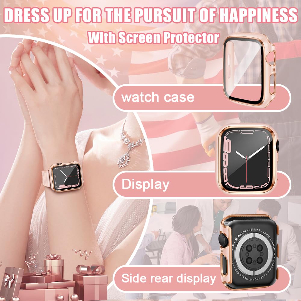top4cus 38mm Case Compatible with Apple Watch, with Built-in Tempered Glass Screen Protector, PC Cover for iWatch Series 9/8/7/SE 2rd SE 6 5 4/3 2 for Choice (38mm, Pink + Rose Gold Edge)