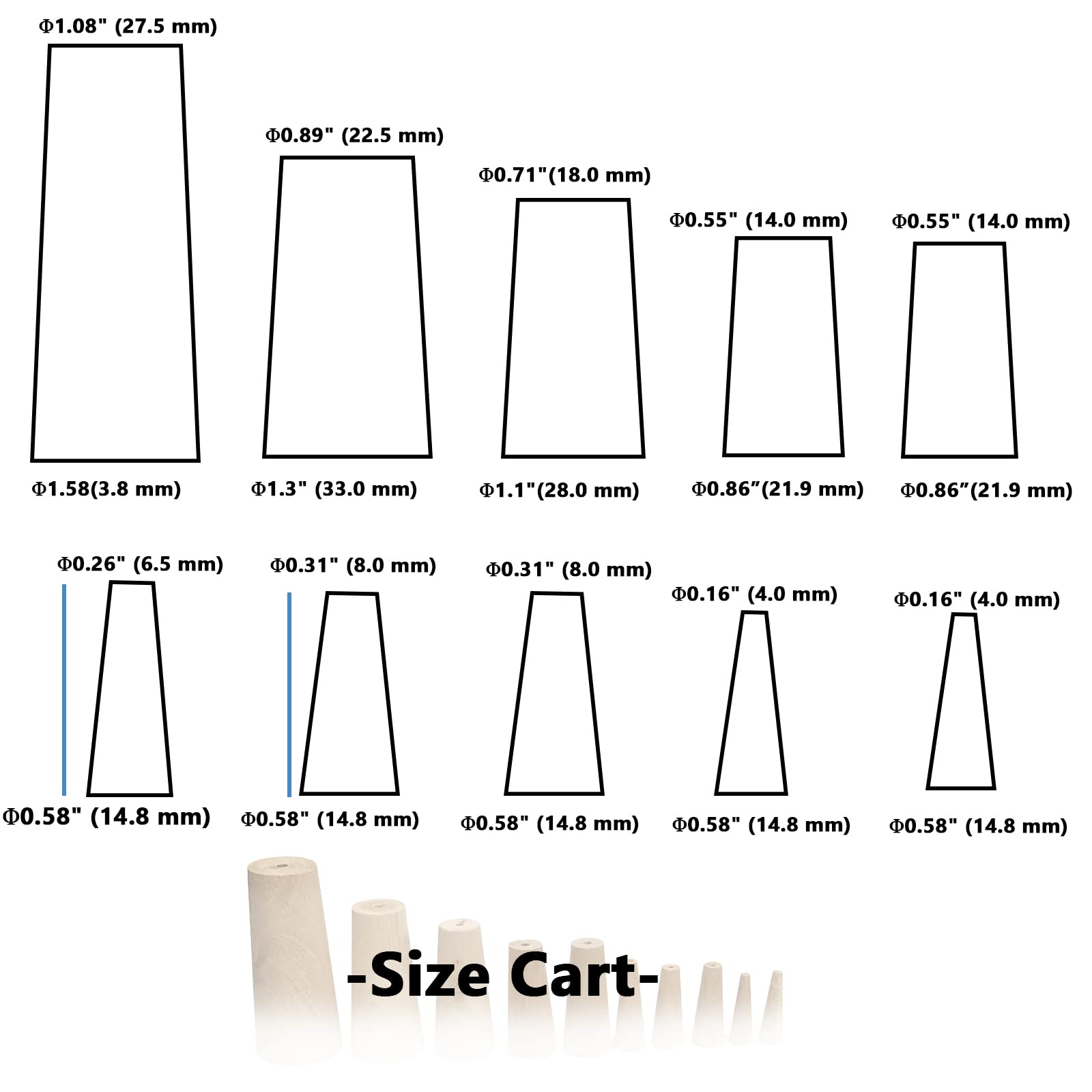 XHC1 Tapered Conical Thru-Hull Soft Wood Plugs Kits, 1/5 Inch to 1 3/5 Inch, 7 Different Sizes, Set of 10 Pcs