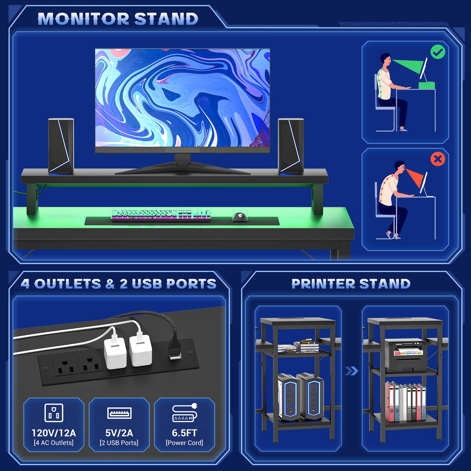 Unikito 2 Person Desk, Double Computer Desk with Power Outlets and Storage Shelves, Modern Computer Desk with Printer Stand, Extra Long Large Workstation for Home Office, Couple Gaming Desk, Black Oak