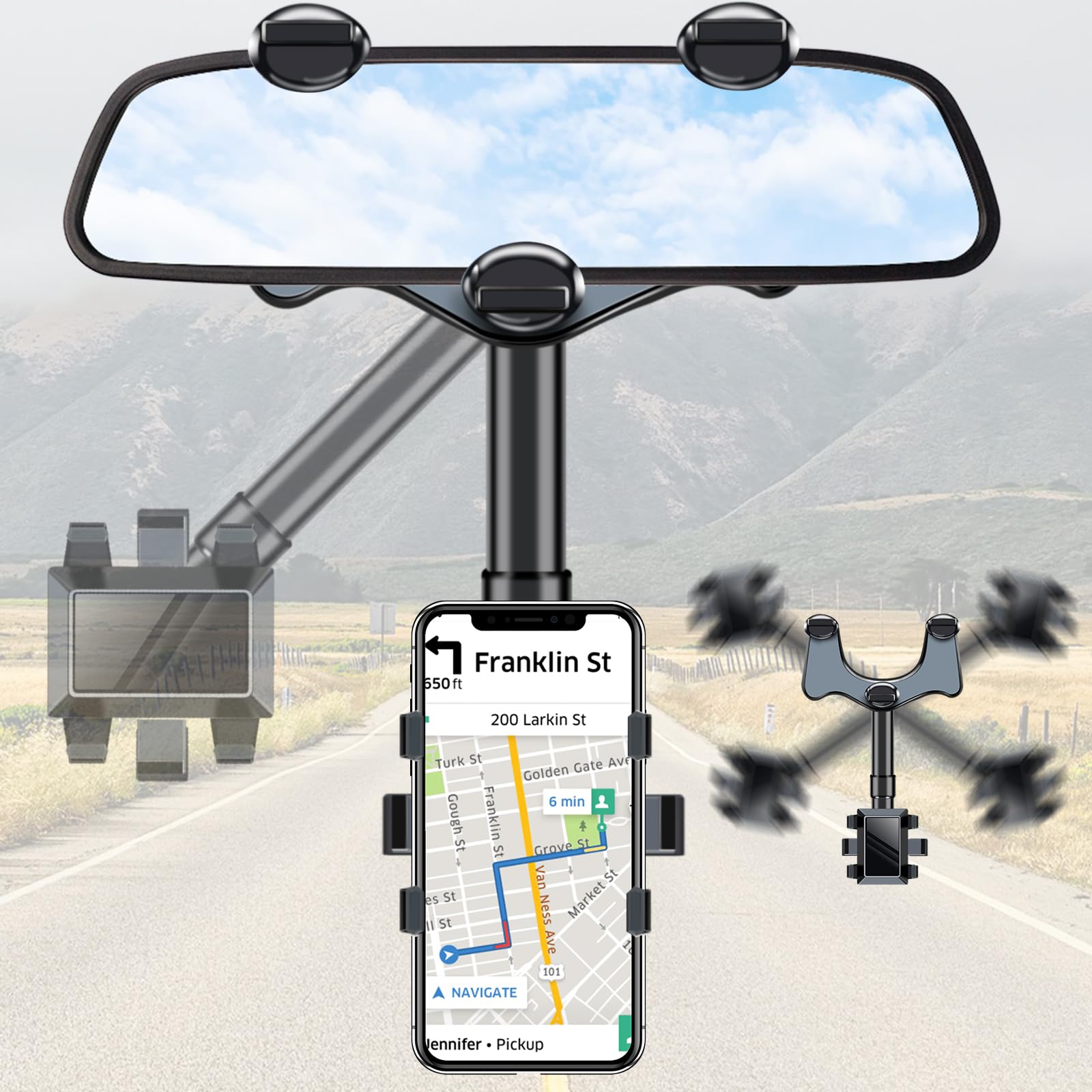 TEAMSY 2023 Upgraded Rearview Mirror Phone Holder for Car, Rotatable and Retractable, 360 Rotation Design, Compatible with 3-7 Inch Smartphones