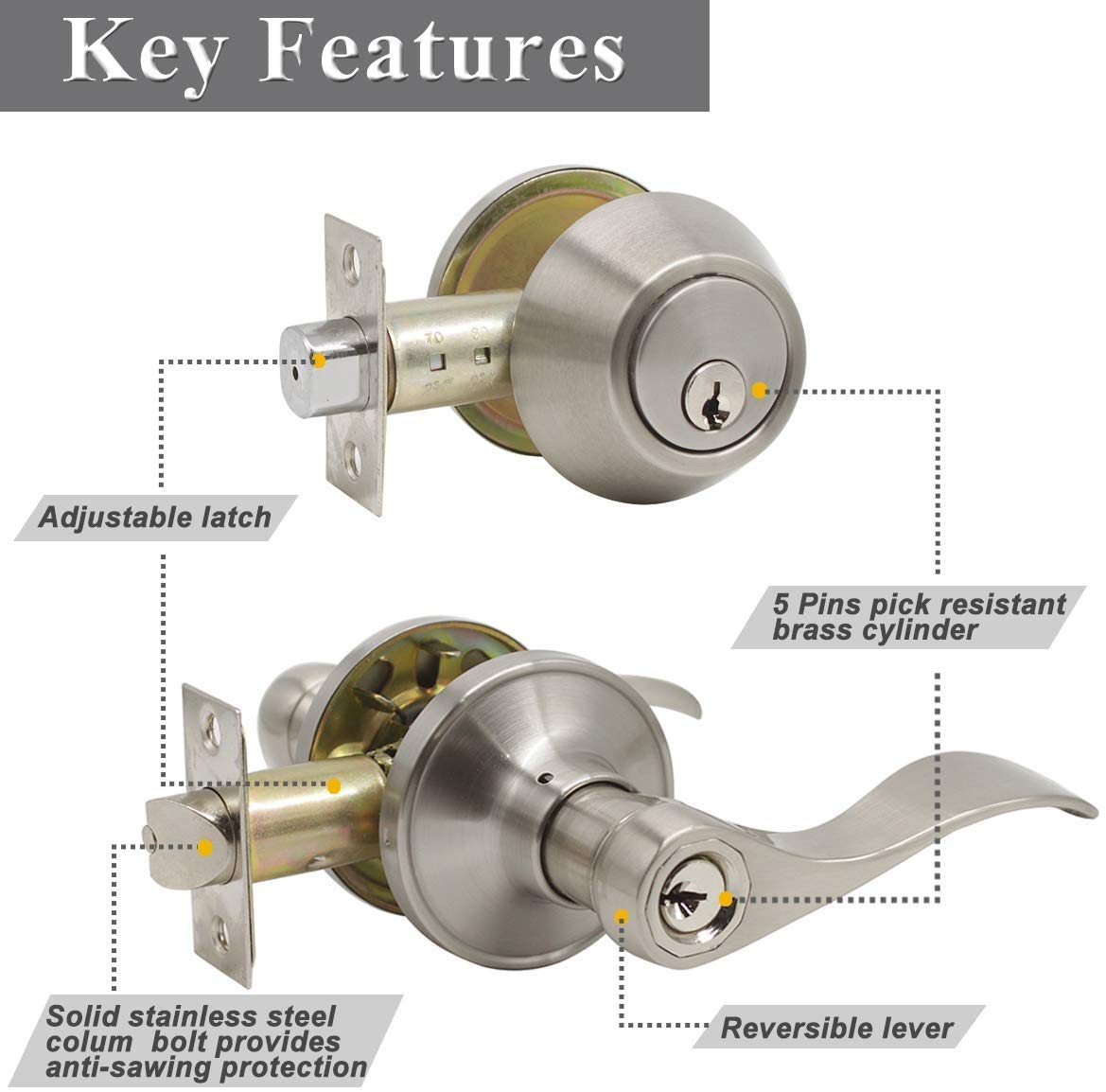 Probrico Drop Style Entry Door Handle Set with Single Cylinder Deadbolt in Satin Nickel Finish, Keyed Alike Lockset Handleset Combo Pack, Contemporary Style,2 Pack