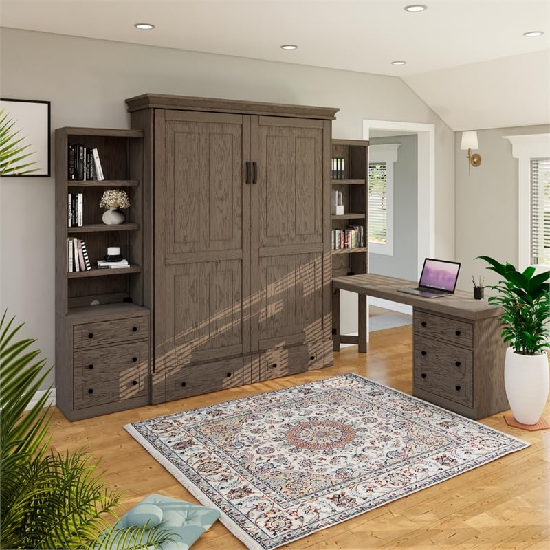 RoomAndLoft Windsor Queen Solid Wood Murphy Wall Bed and Two Shelf Storage Units with Single Side Desk and Drawers in Gray