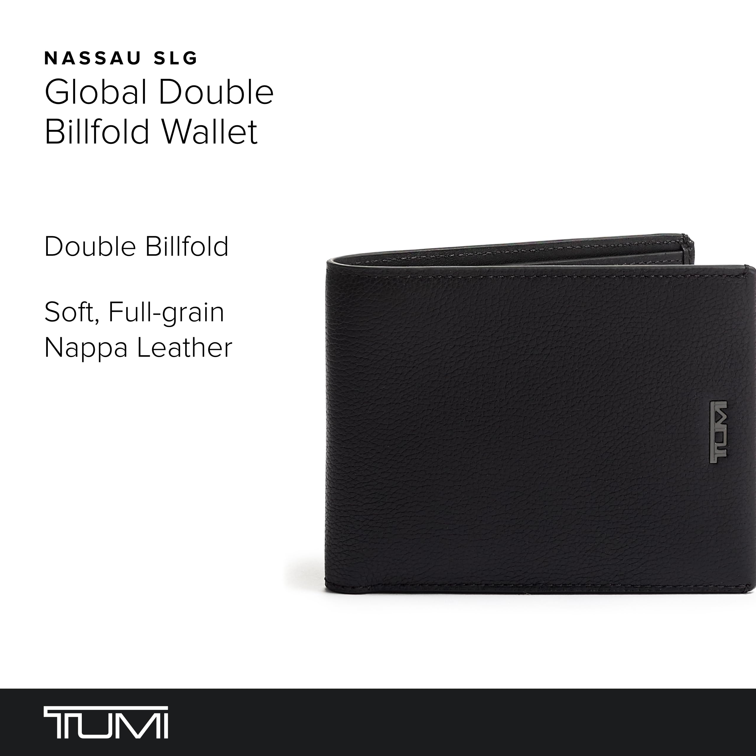 TUMI Nassau Double Billfold - Leather Billfold for Men & Women - Reliable Card Case - Men's Double Billfold Wallet with Multiple Card Slots, Bill Compartments, and an ID Window - Black Texture