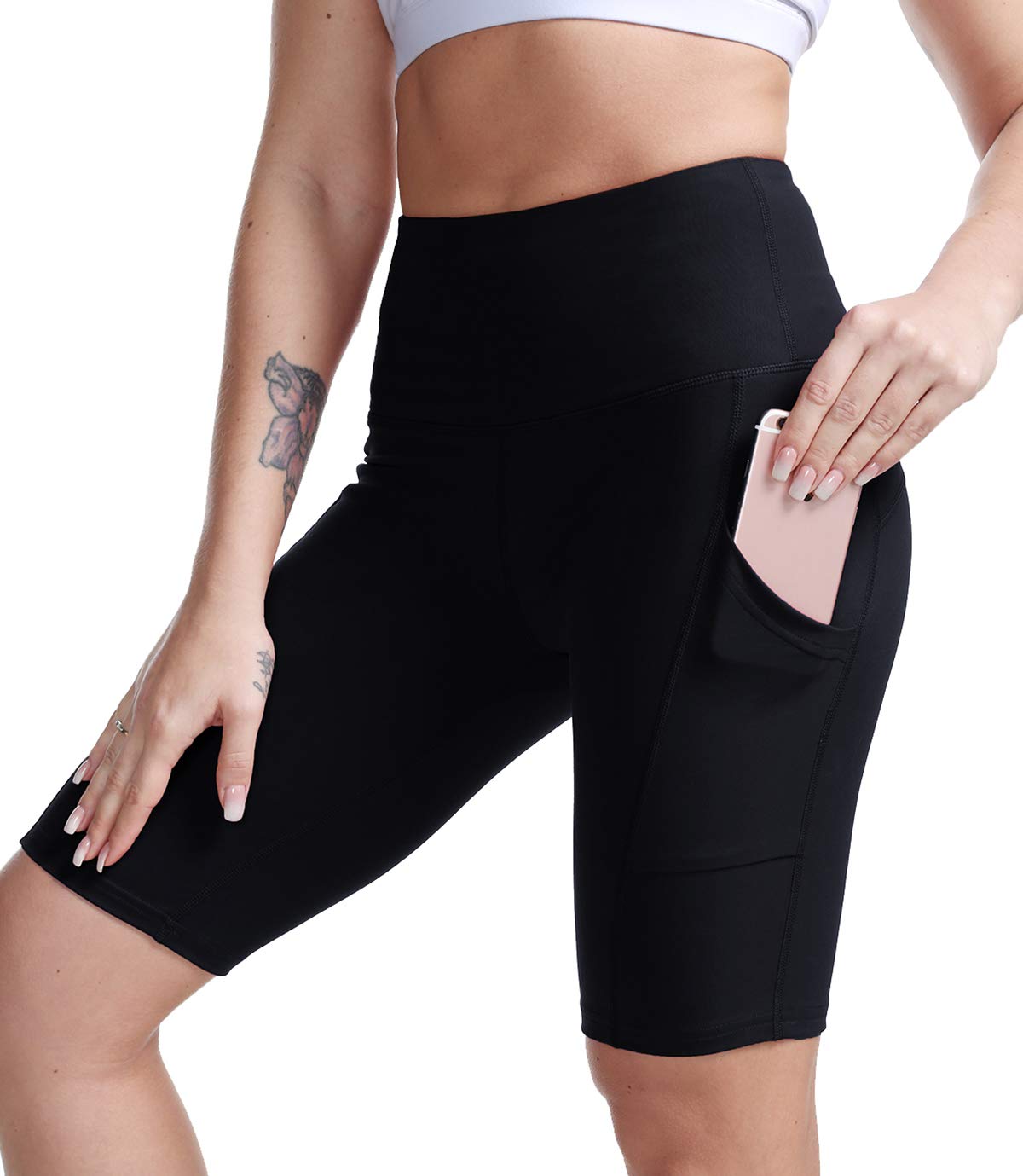 TYUIO High Waist Workout Yoga Shorts Women Running Biker Shorts with Pockets Black L