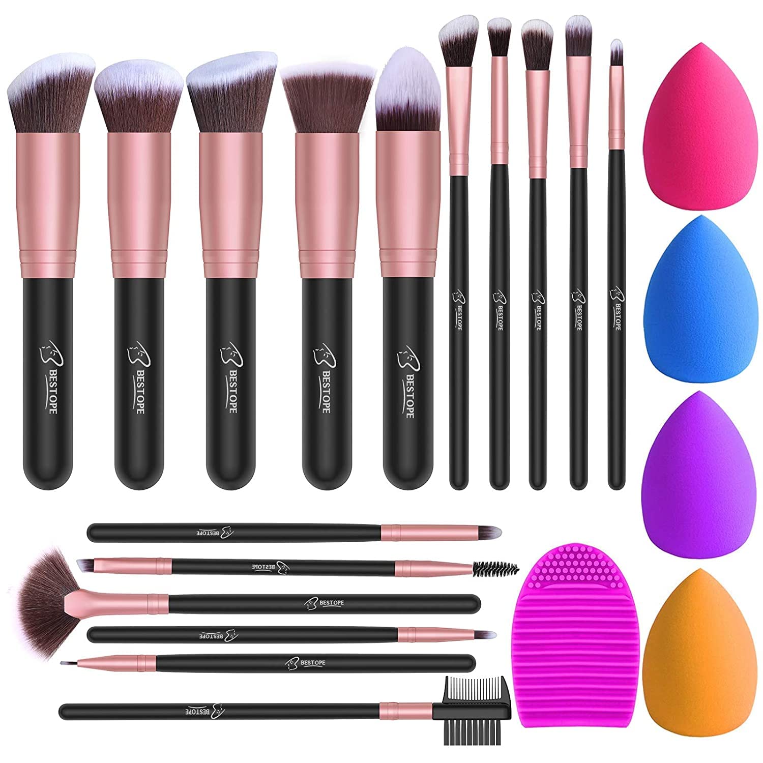 TEATTY Makeup Brushes 18 PCs Makeup Brush Set 2 PCS Silicone Face Mask Brush&4 Blender Sponge&1 Brush Cleaner Premium Synthetic Foundation Powder Concealers Eye Shadows Makeup Brushes Kit (Rose Gold)