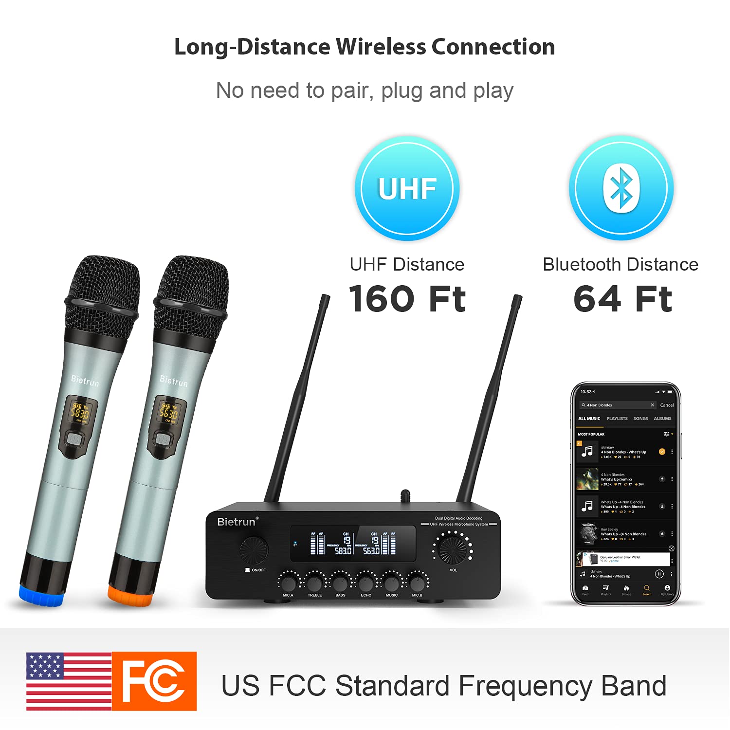 Wireless Microphone with Bluetooth&Echo/Treble/Bass, 165 ft Range, Bietrun UHF Dual Handheld Cordless Dynamic Mic System for PA System/AMP/Home TV Karaoke/Bluetooth Speaker/(1/4''&1/8‘’AUX Interface)