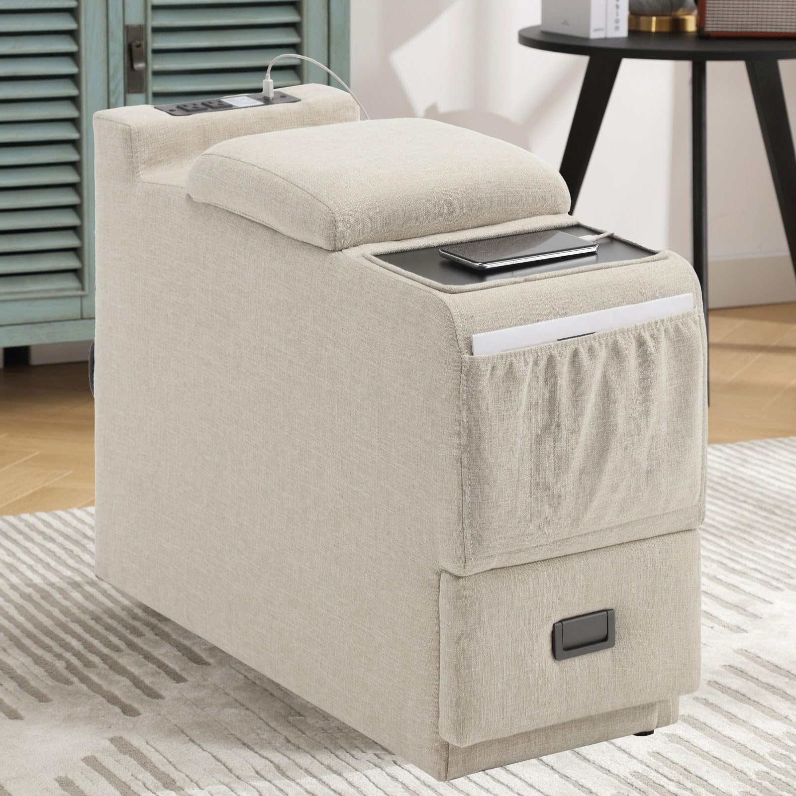 SAMERY Multi-Functional Recliner Side Table End Table Console with Cup Holders, Storage, Wireless Charging - Enhance Your Relaxation Zone! (Brown)