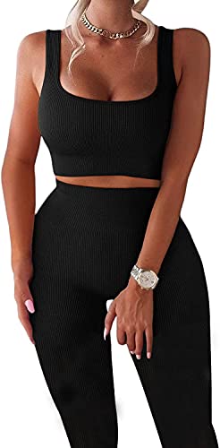 TWFRHC Women's Workout Sets 2 Piece Ribbed Seamless High Waist Gym Outfit Yoga Leggings Sets