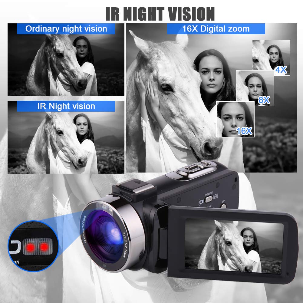 Video Camera Camcorder Vlogging Camera for Youtube Full HD 2.7K 30FPS 30 MP IR Night Vision 3 Inch Touch Screen Time-Lapse Camcorder with Microphone Remote Control Lens Hood and 2 Batteries