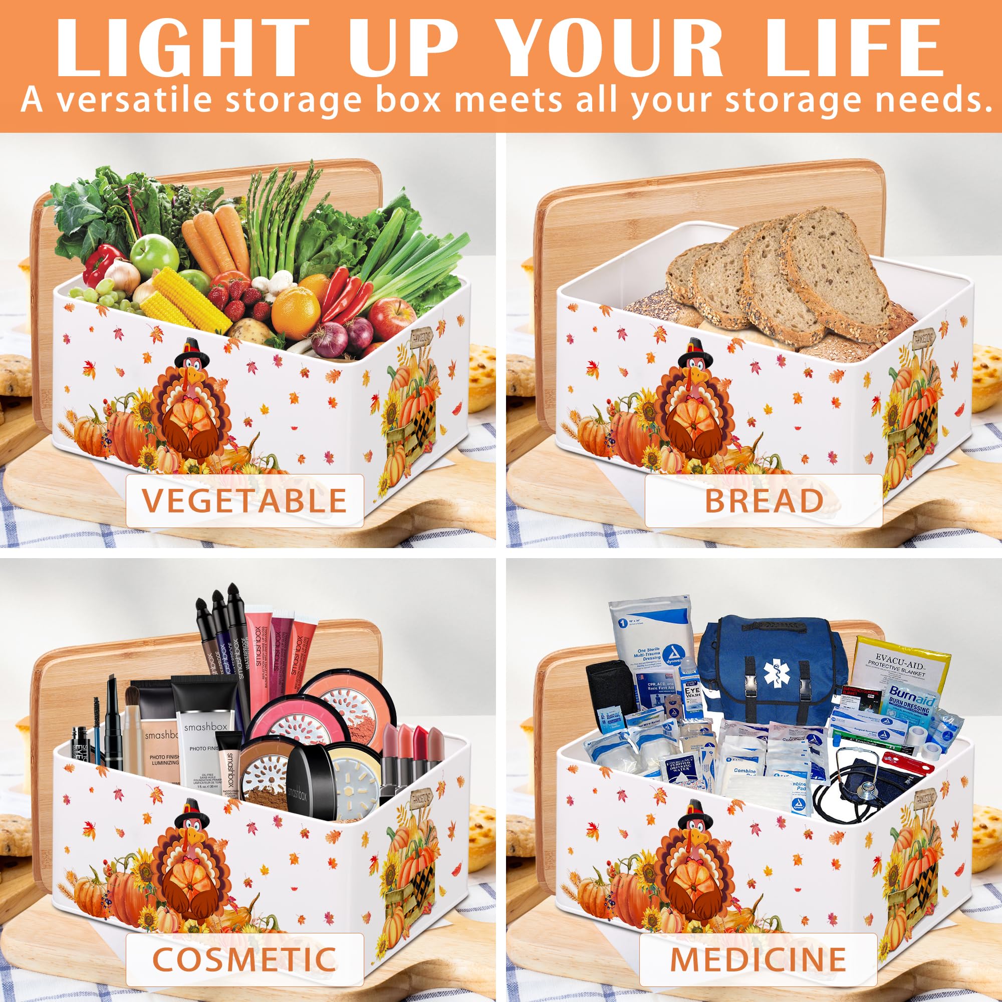 Thanksgiving Bread Box with Bamboo Cutting Board Lid, Modern Metal Bread Storage Container, Farmhouse Thanksgiving Turkey Decorations Table Decor for Dining Room, Thanksgiving Gifts for Women