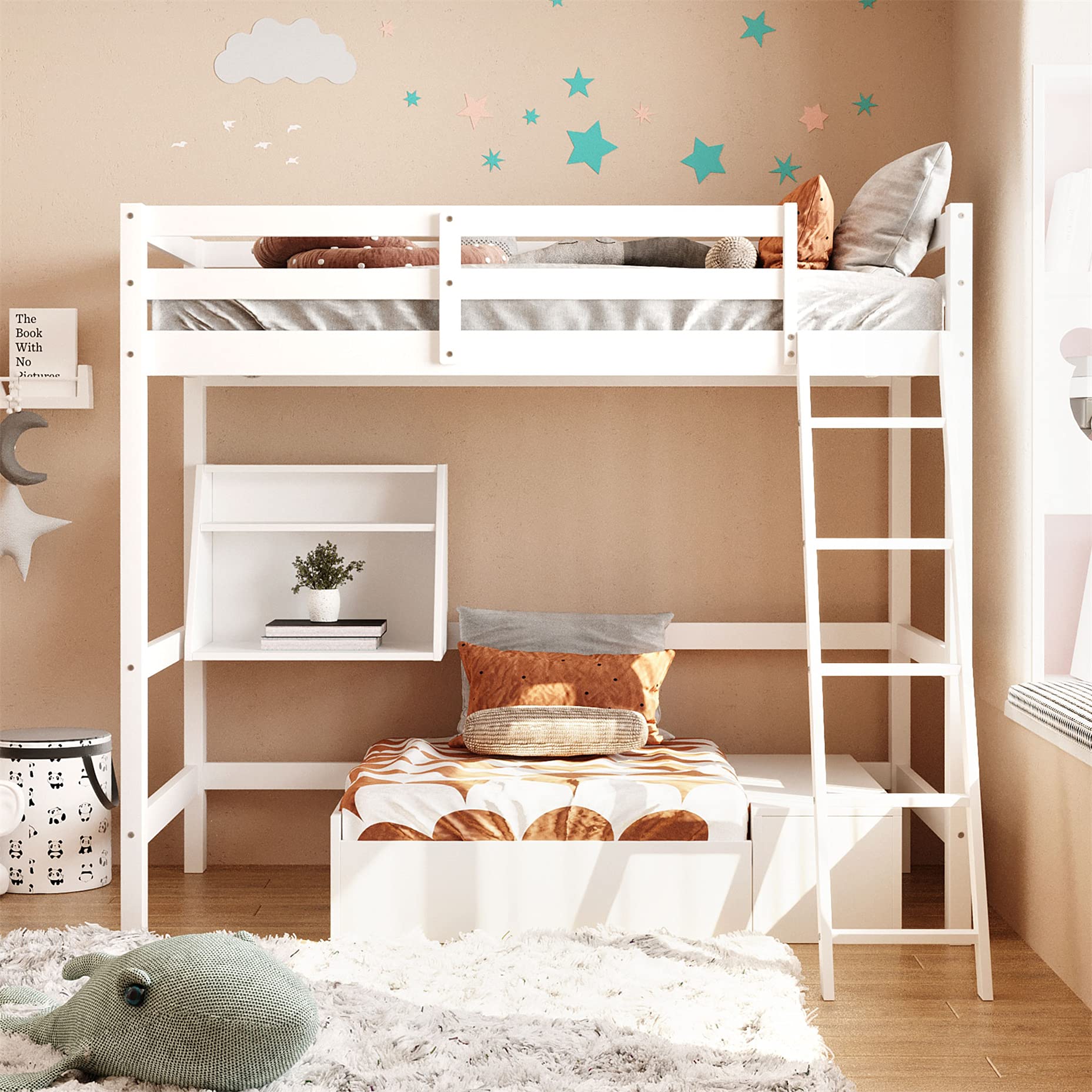 Twin Loft Bed with Storage Shelf Wood Loft Bed Frame with Convertible Lower Bed, Twin Size Loft Bed with Drawer and Ladder, Separated Loft Bed & Twin Platform Bed for Kids Teens Adults (White)