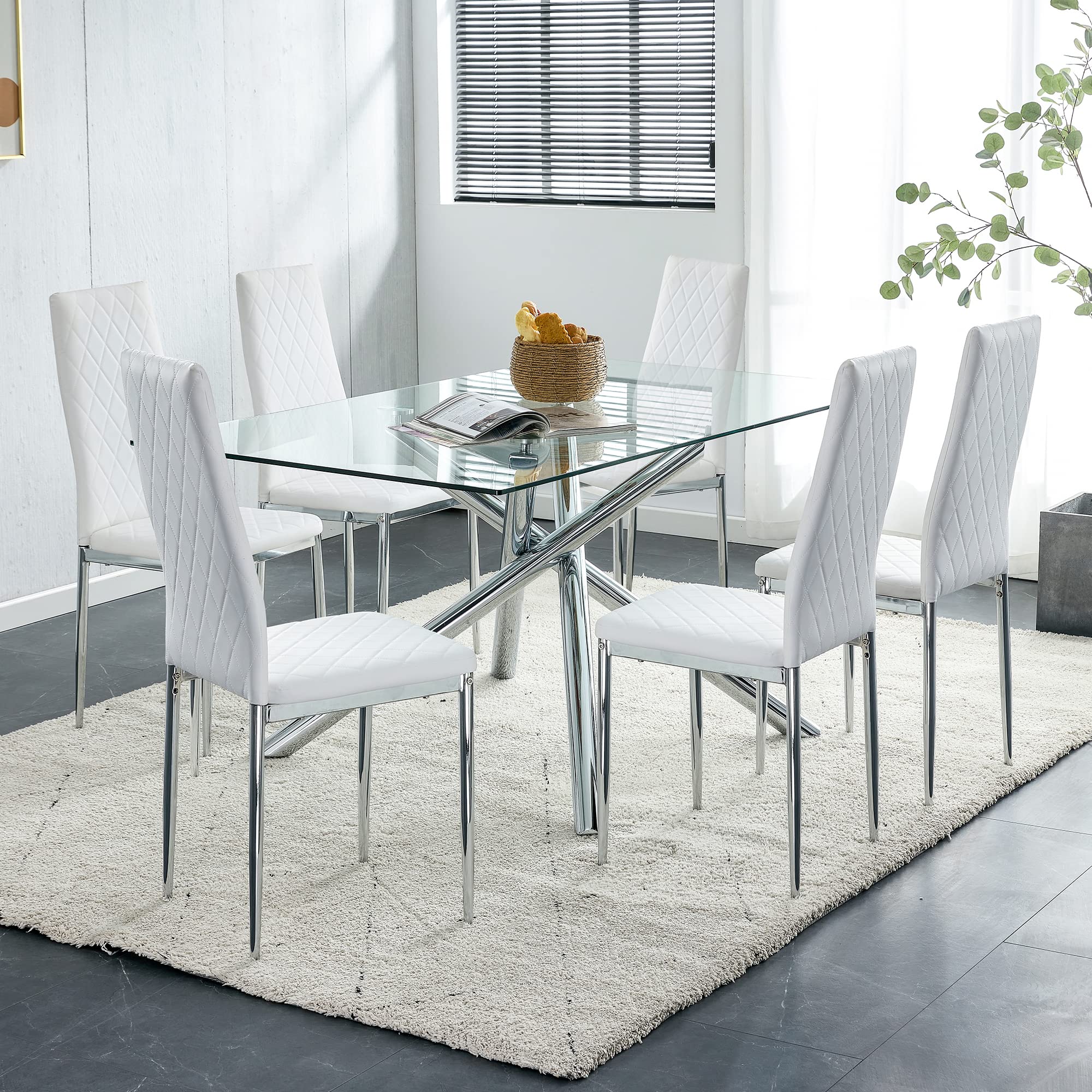 Rophefx Dining Chairs Set of 6, Modern Dining Room Chairs Upholstered Kitchen Chairs PU Leather Metal Legs High Back Side Chairs for Living Room, Kitchen, White