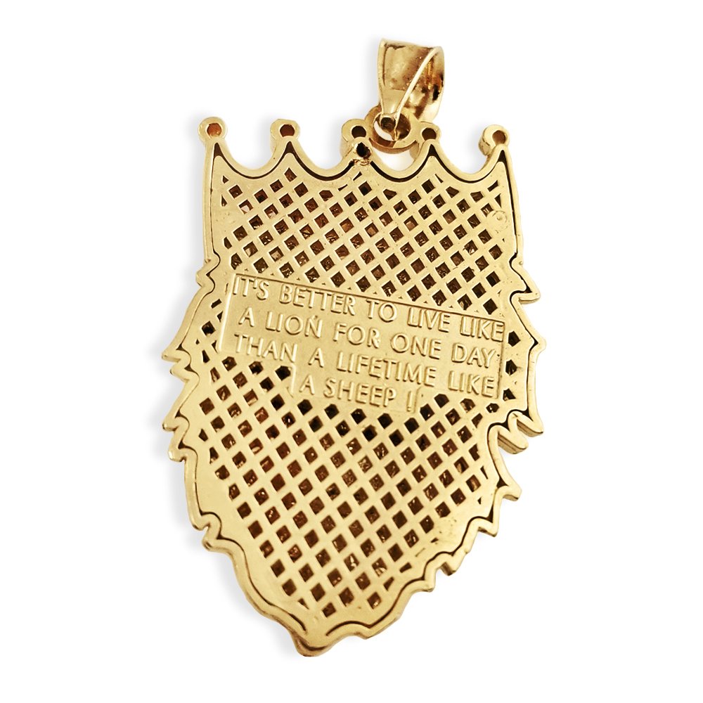 Solid 14k Yellow Gold Crown Lion King Head Pendant with Cubic Zirconia