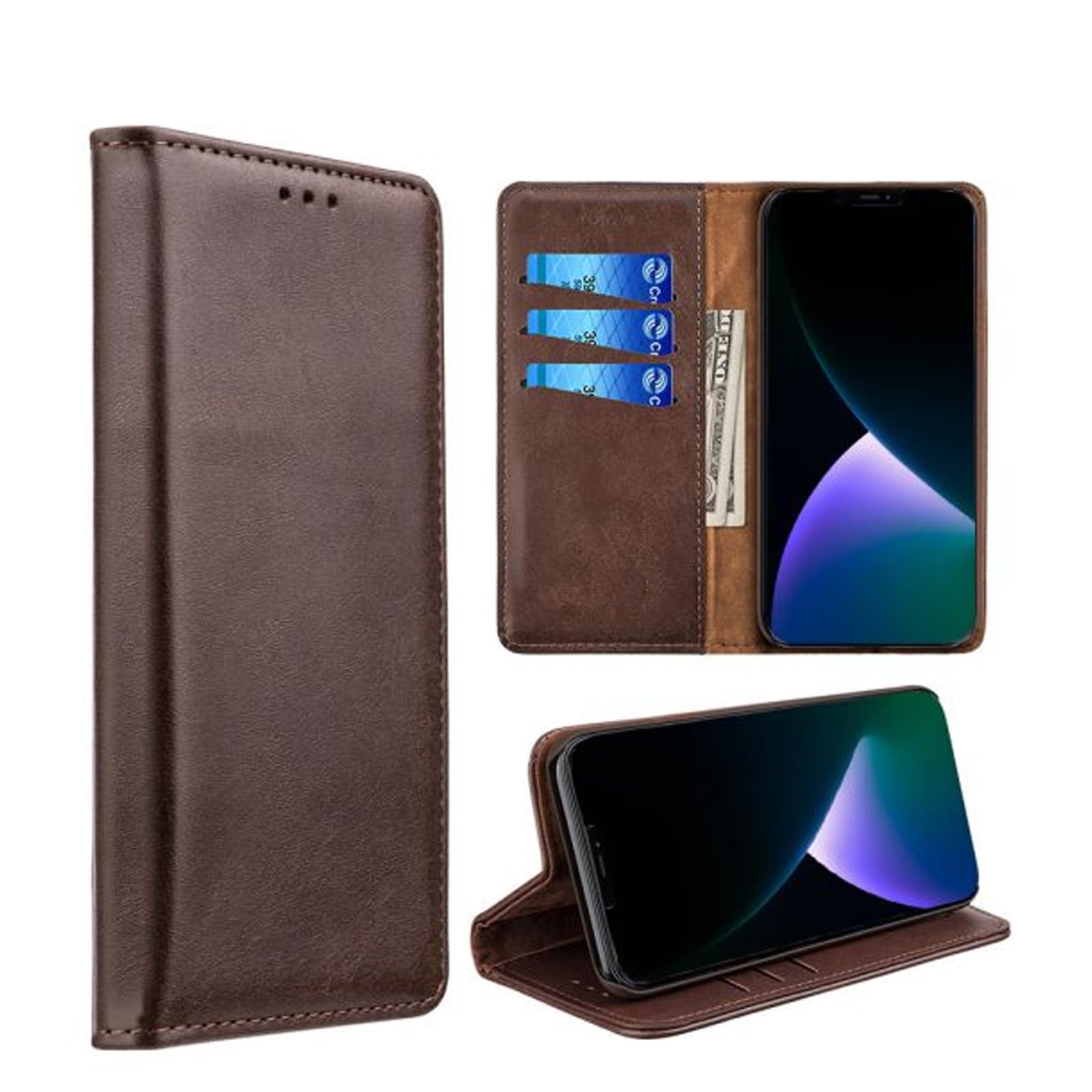 Professional 3 Card Slot Wallet Flip Cover with Removable Hard Shell Leather Back Cover for iPhone 15 Plus / 14 Plus (6.7") Brown