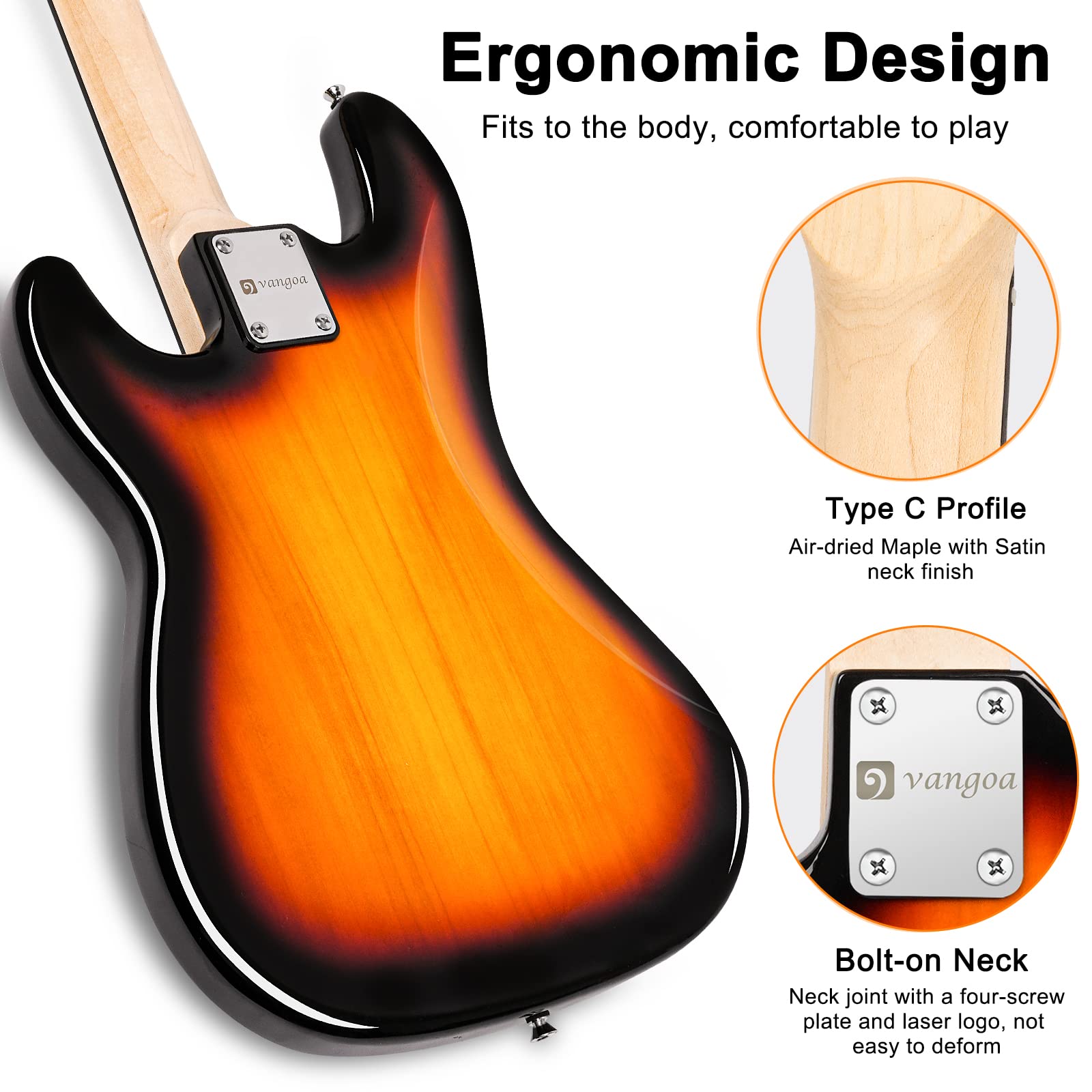 Vangoa Electric Bass Guitar Full Size 4 Strings Standard Bass PB Style Beginner Kit Sunburst for Starter Adults Kids with Gig Bag Cable Extra Strings Strap