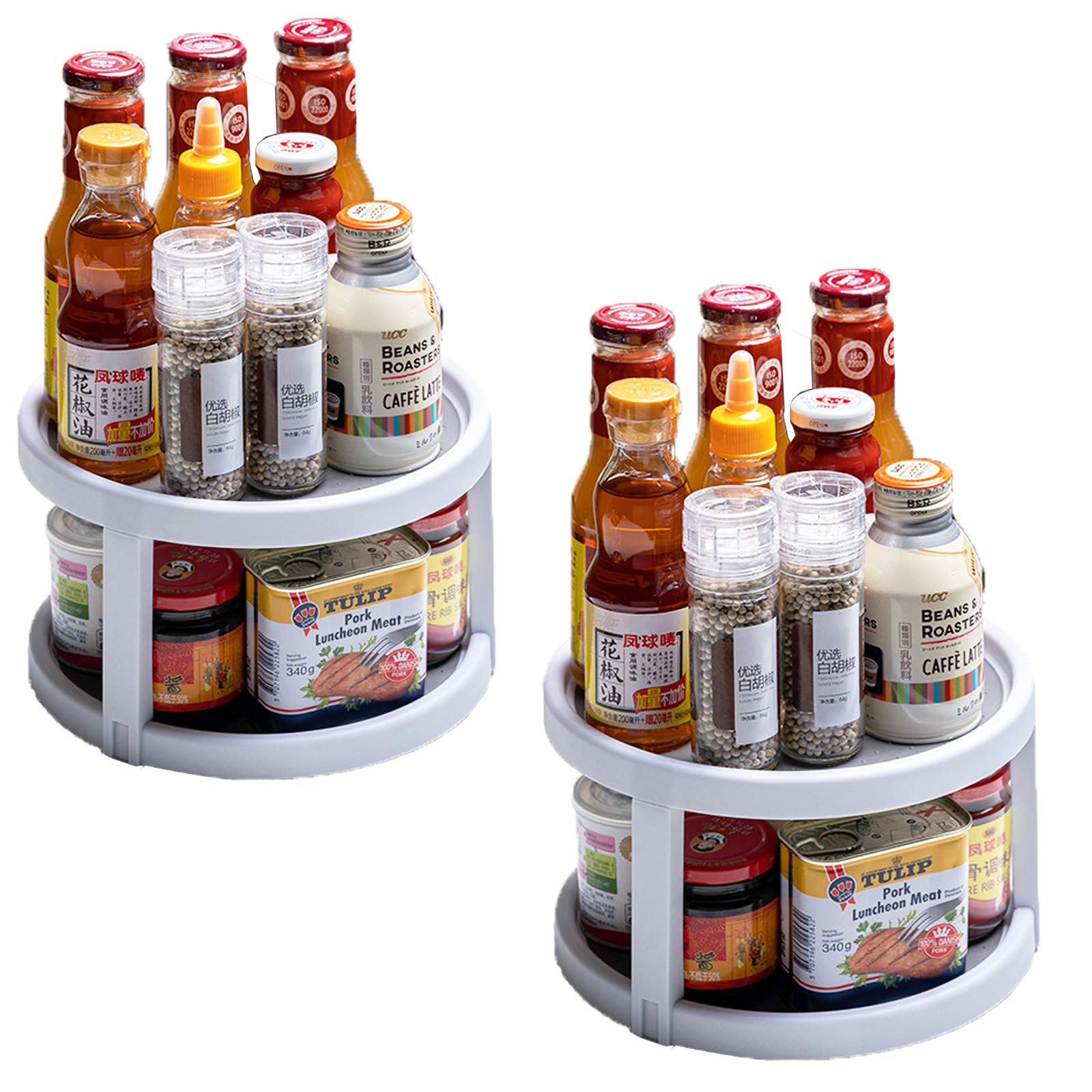 YCOCO 2 Tier Lazy Susan Turntable Cabinet Organizer,Non Skid Rotating Spice Rack,Kitchen Spice Organizer for Cabinets,for pantry,Bathroom,kitchen,White Set of 2