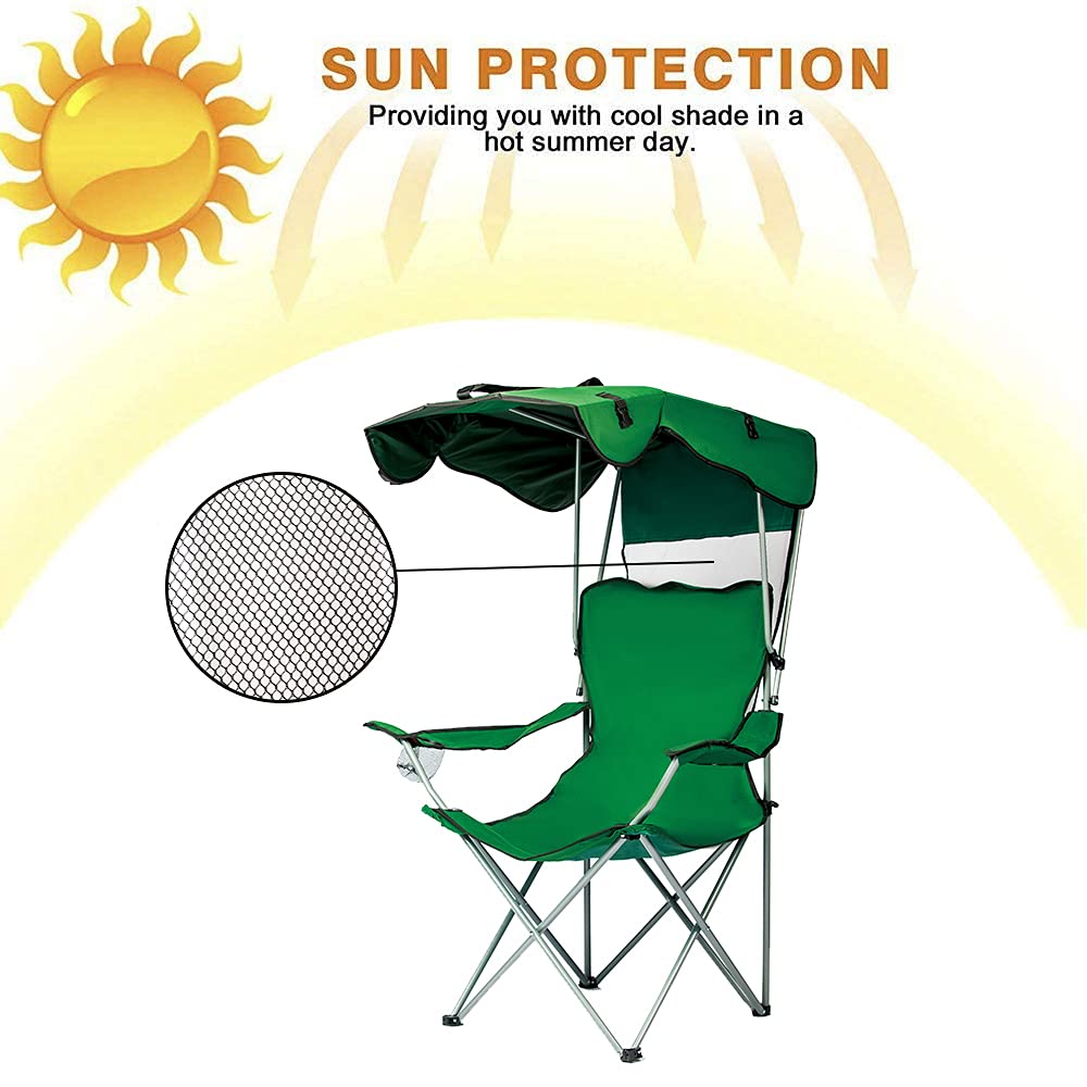 unhg Camp Chairs with Shade Canopy Chair Folding Camping Recliner Support 380 LBS， with Two Cup Holders and Carry Bag, for Outdoor Beach Camp Park Patio