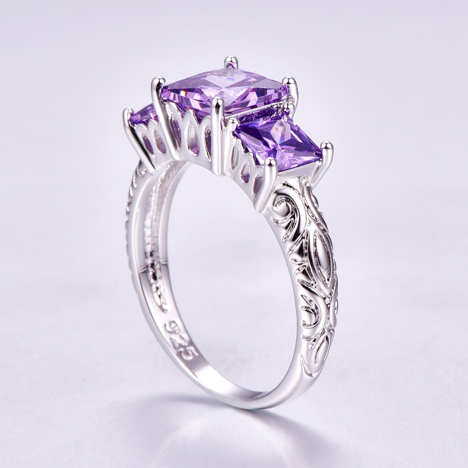 Psiroy 925 Sterling Silver Plated Princess Cut Simulated Amethyst 3 Stones Engagement Ring for Women Size 6