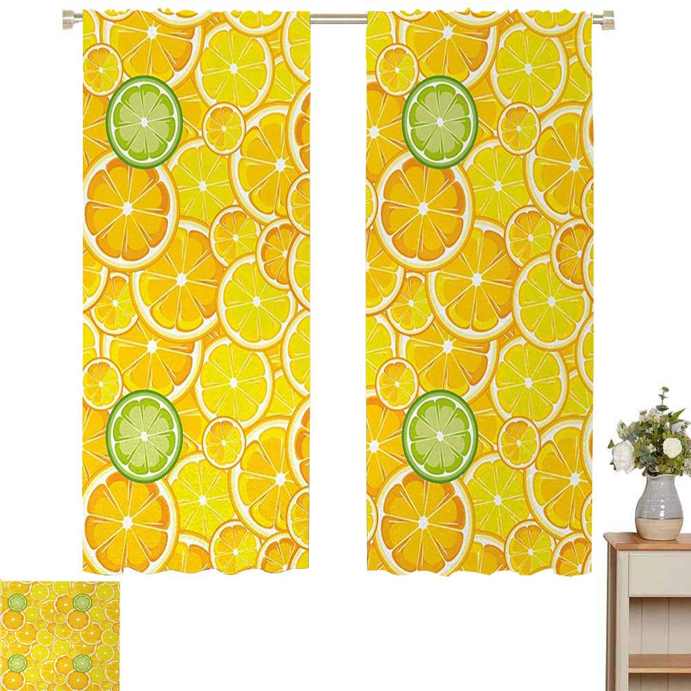 Yellow Blackout Curtain Panels Window, Curtains 84 inch Length Lemon Orange Lime Fruit Citrus Round Cut Circles Big and Small Pattern 2 Panel Sets Yellow White and Green W84 x L84 Inch