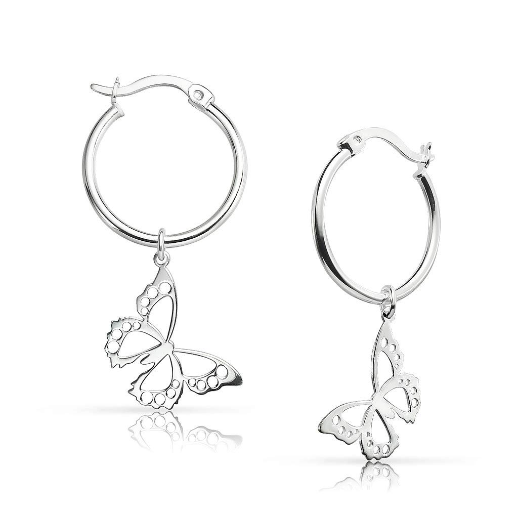 SolidSilver - Sterling Silver 20mm Polished Hoop Earrings with a Dangle Butterfly Charm Pendant