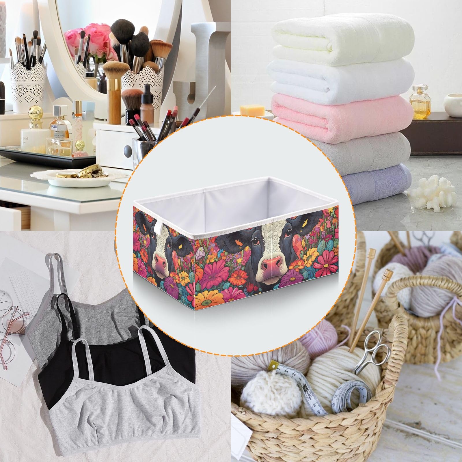 Vnurnrn Collapsible Storage Cube Beautiful Cow in Flower Print, Organizing Baskets with Support Board for Shelf Closet Cabinet 11×11×11 in