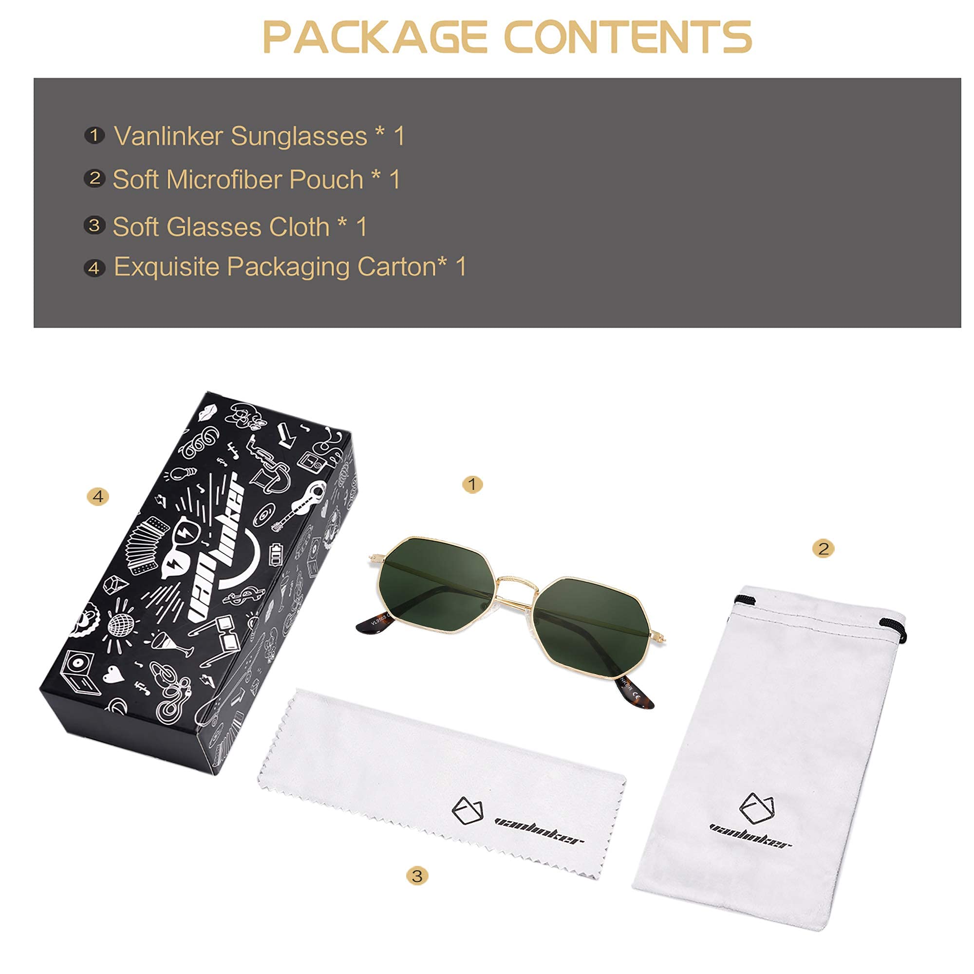 VANLINKER Polarized Hexagon Gold Metal Sunglasses for Women Men Polygon Sunnies Green Lens