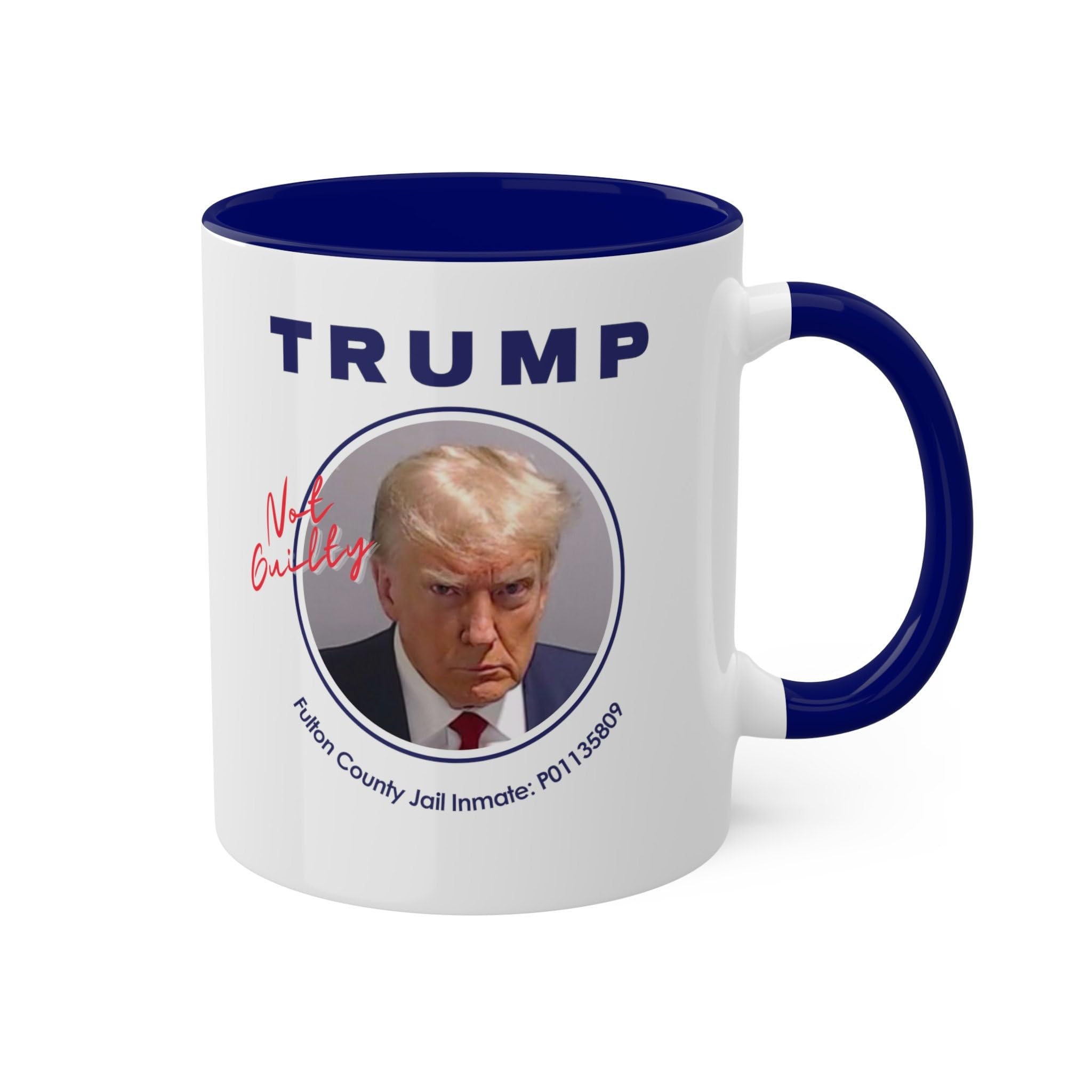 Two Sided 15oz Trump Mugshot Mug - Trump Not Guilty Inmate No. P01135809 Ceramic Coffee Mug - Gift for Any Trump-Loving Conservative (Blue)
