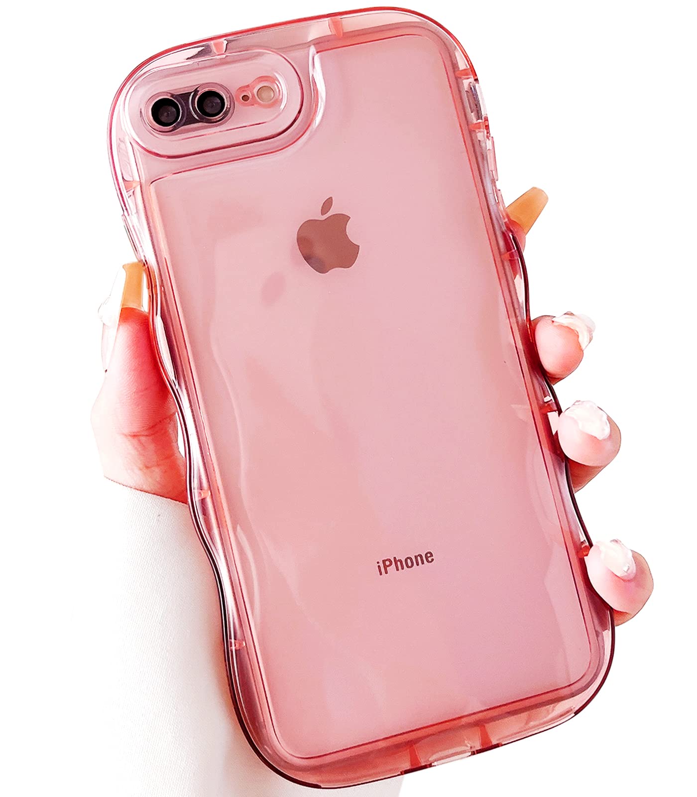 Qokey for iPhone 8 Plus Case,iPhone 7 Plus Case 5.5 inch Cute Clear Love Case Frame Wavy Edge Transparent Full Protective Soft TPU Shockproof Phone Cases Cover for Women Girls,Pink