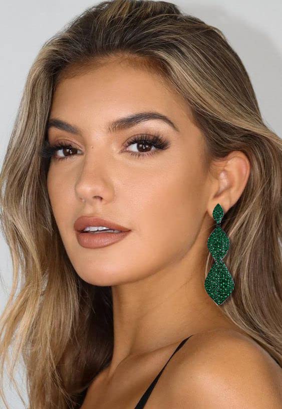 Scarlvambo Women's Wedding Bridal Dangling Earrings Leaf Pierced Pageant Long Drop Sparkly Crystal Green Black-Tone
