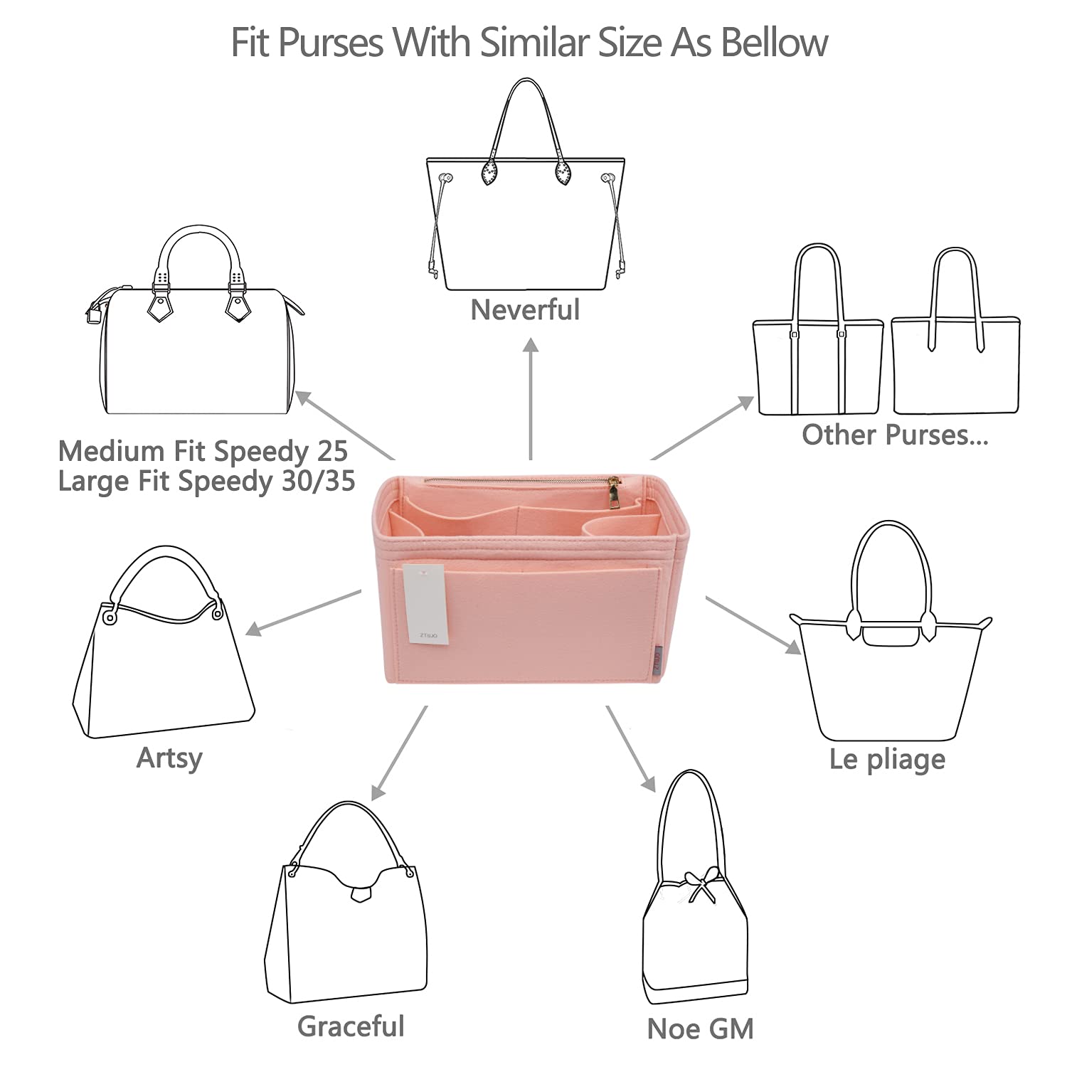ZTUJO Purse Organizer Insert With Bottle Holder, Felt Bag Organizer Perfect for Speedy, Neverfull, Tote and More (Slender Medium, Brush Pink)