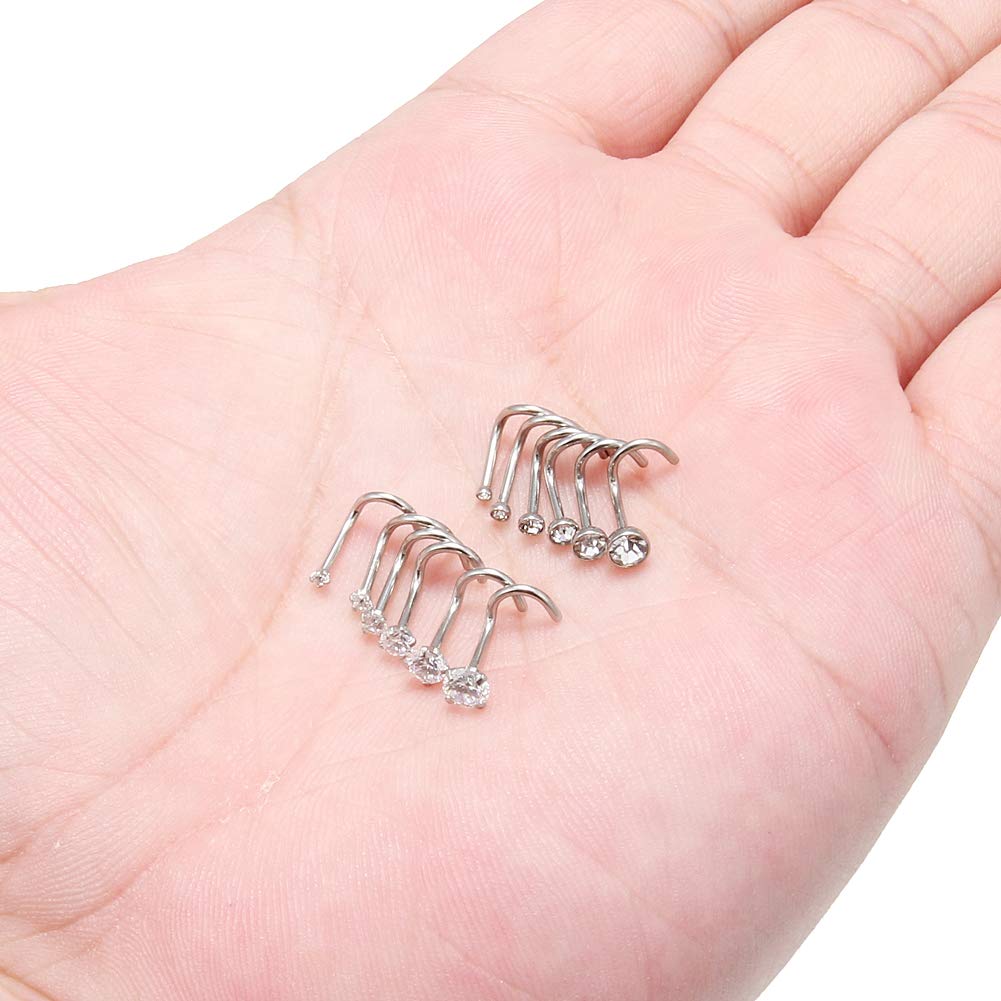 SCERRING 12PCS 18G Stainless Steel Nose Screw Rings Studs Nostril Ring Bend Piercing Jewelry 1.5mm 2mm 2.5mm 3mm 3.5mm 4mm Clear Cubic Zirconia Silver