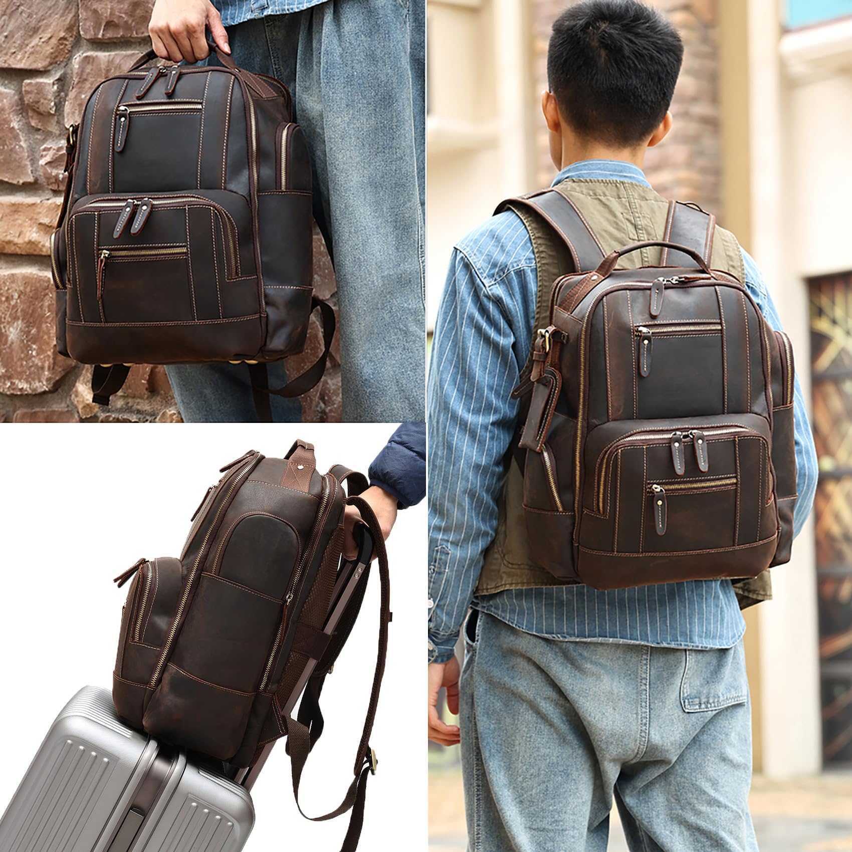 Tenvery Leather Backpack For Men Full Grain Leather Rucksack 15.74" Large Capacity Laptop Business Office Work Bag Travel Camping Bag