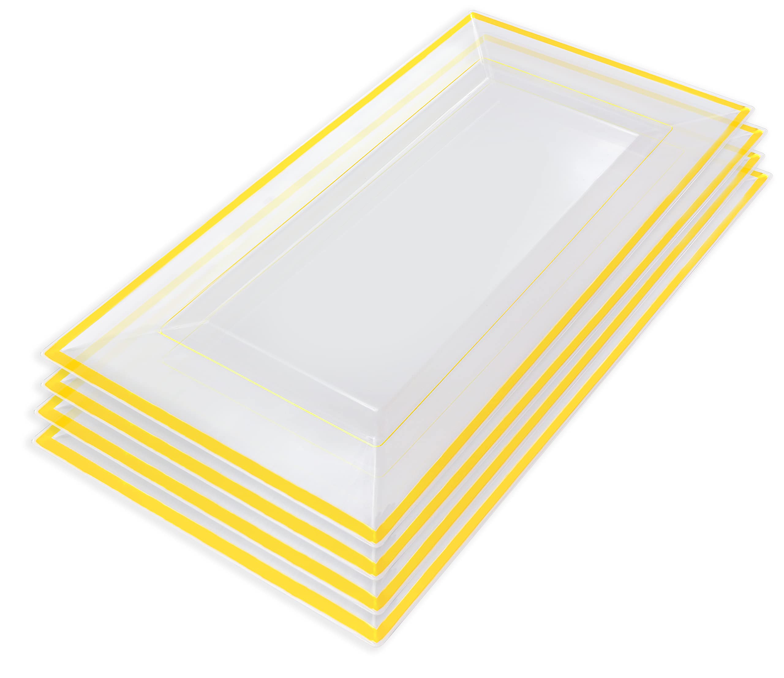 Yumchikel- Serving Tray Plastic for Party, 14" x 7.5" Platters for Serving Food (Clear Gold Rim)