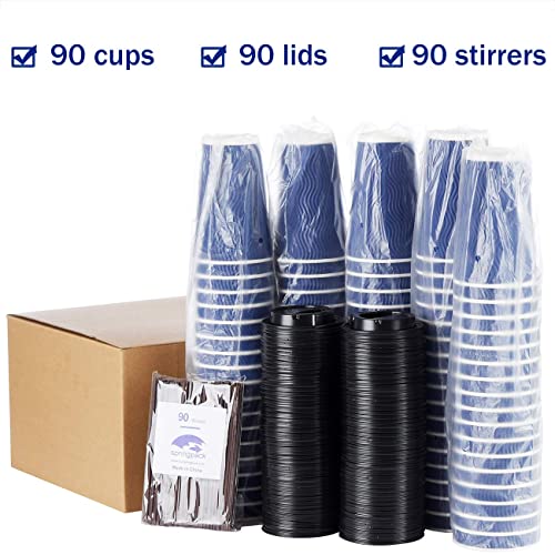 SPRINGPACK Disposable Coffee Cups with Lids and Straws - 16 oz (90 Set) To Go Hot Paper Coffee Cup with Lid Togo for Beverages Tea Espresso Insulated Reusable Cold Drinks Ripple Cups