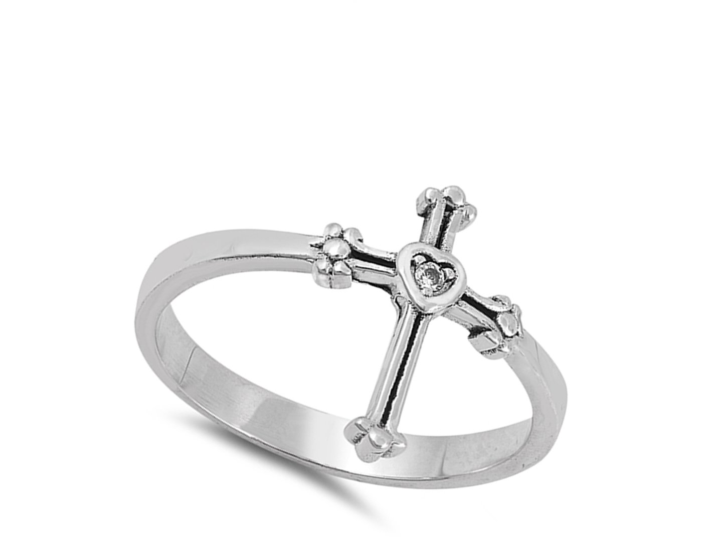 Solitaire Clear CZ Heart Cross Ring Sterling Silver Christian Band Size 10