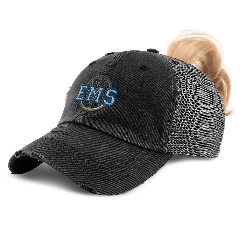 Speedy Pros Womens Ponytail Cap EMS Paramedic Bike Patrol Embroidery Cotton Messy Bun Distressed Trucker Hats Strap Closure Black Design Only