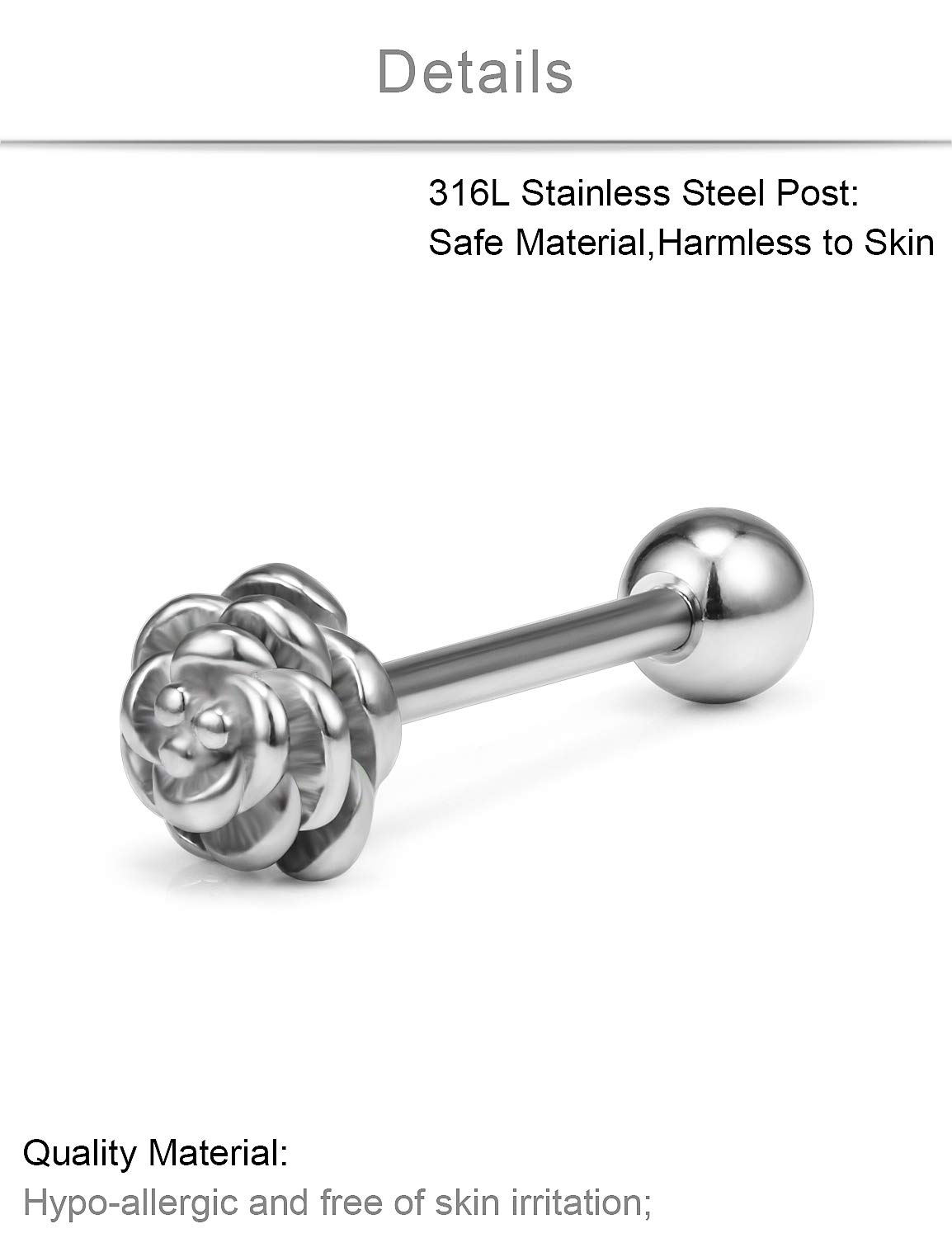 SCERRING 14G Tongue Rings Stainless Steel Rose Skull Heart Cheek Tongue Nipple Ring Body Piercing Jewelry Retainer 16PCS Silver